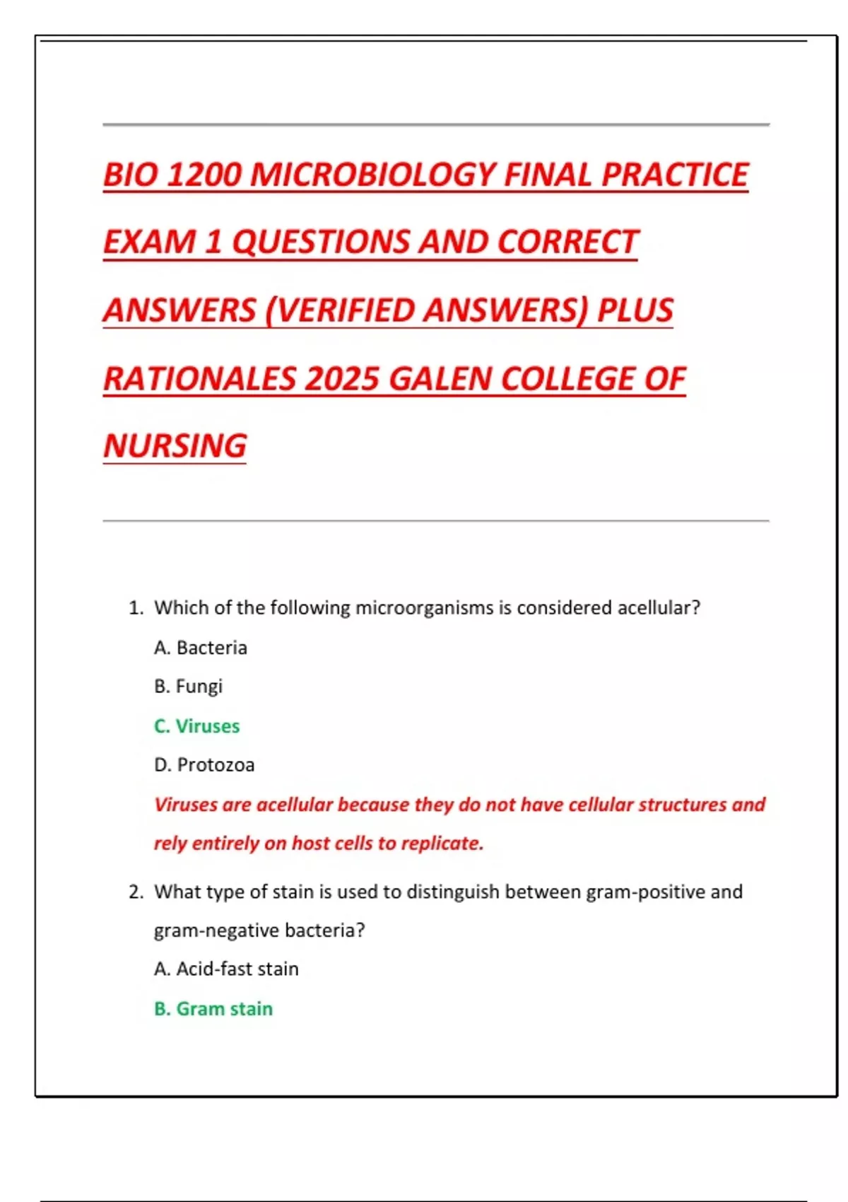 BIO 1200 MICROBIOLOGY FINAL PRACTICE EXAM 1 QUESTIONS AND CORRECT ...