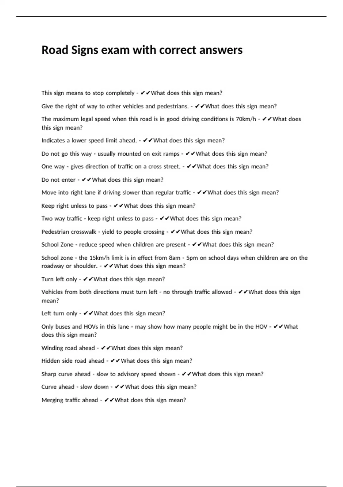 Road Signs exam with correct answers - Traffic signs - Stuvia US