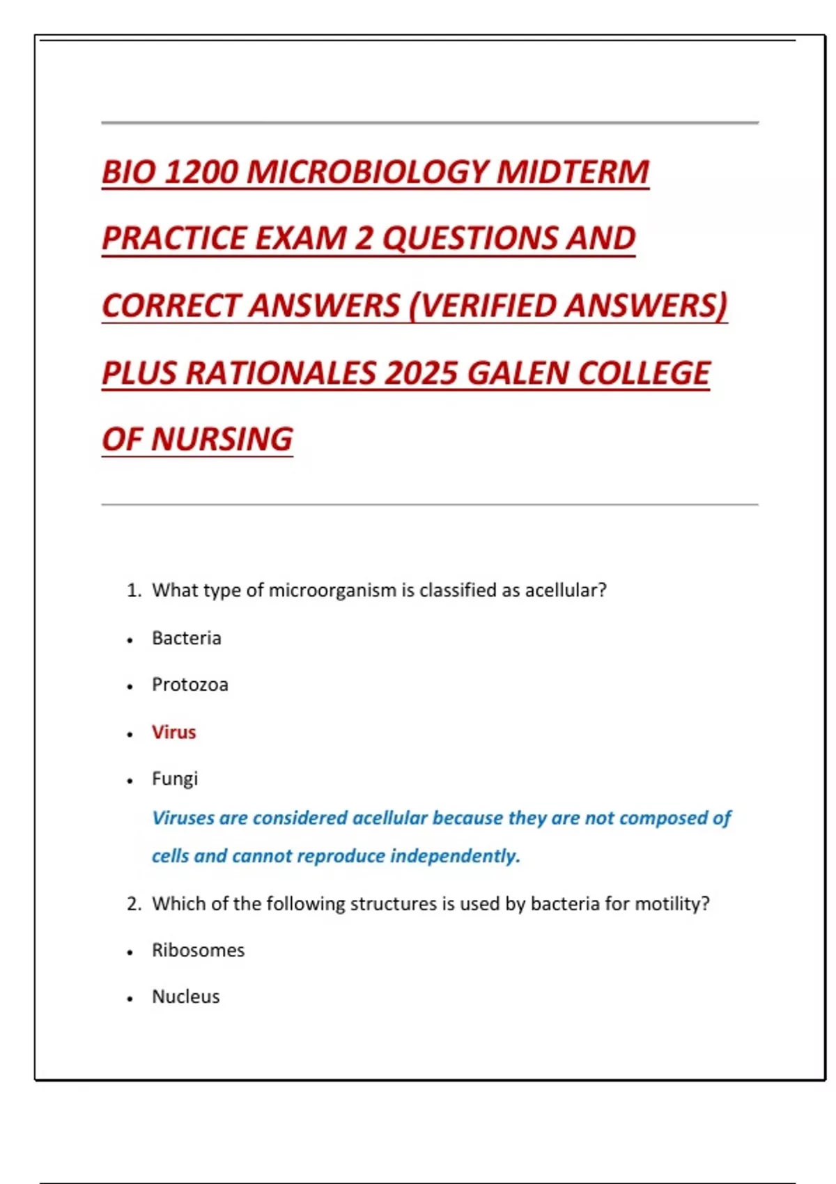 BIO 1200 MICROBIOLOGY MIDTERM PRACTICE EXAM 2 QUESTIONS AND CORRECT ...