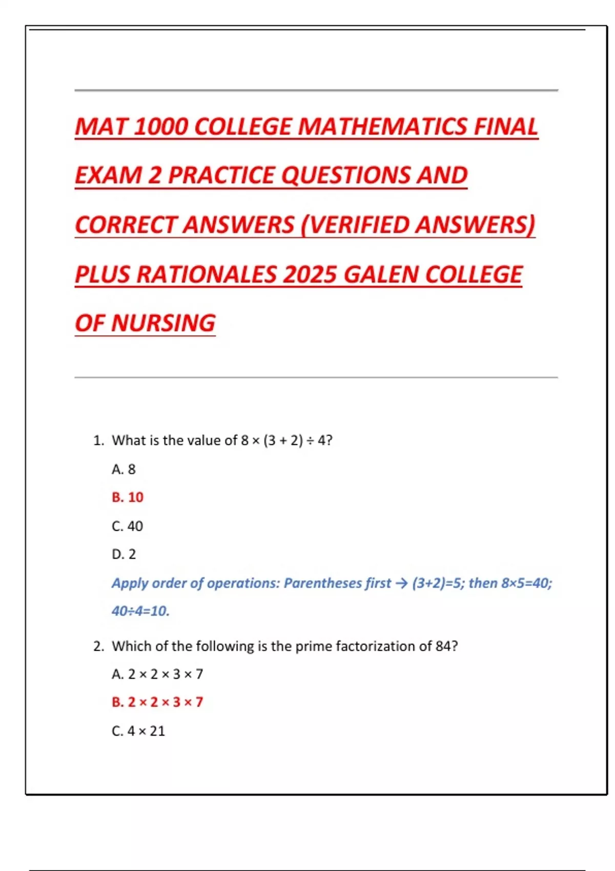 Compilation Bundle For MAT 1000 COLLEGE MATHEMATICS EXAMS PRACTICE QUESTIONS AND CORRECT ANSWERS ...