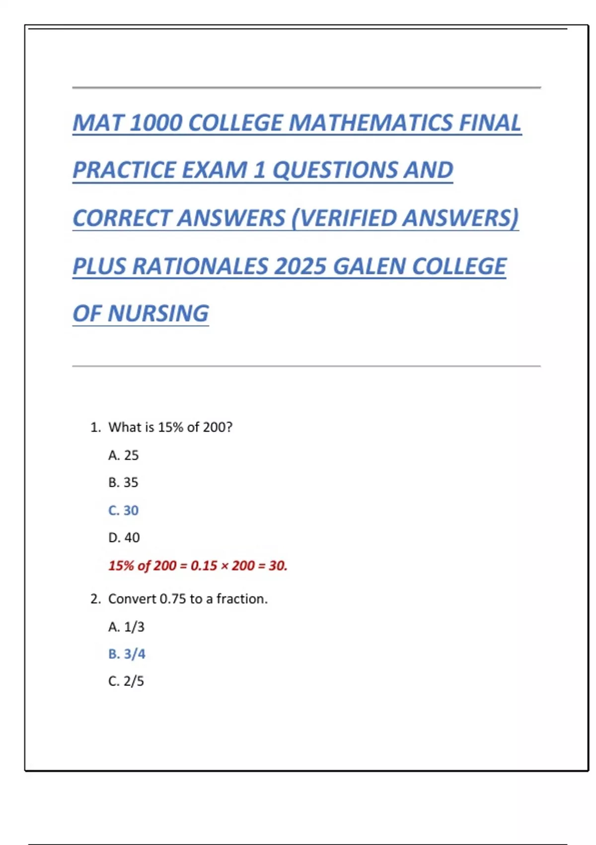 MAT 1000 COLLEGE MATHEMATICS FINAL PRACTICE EXAM 1 QUESTIONS AND ...