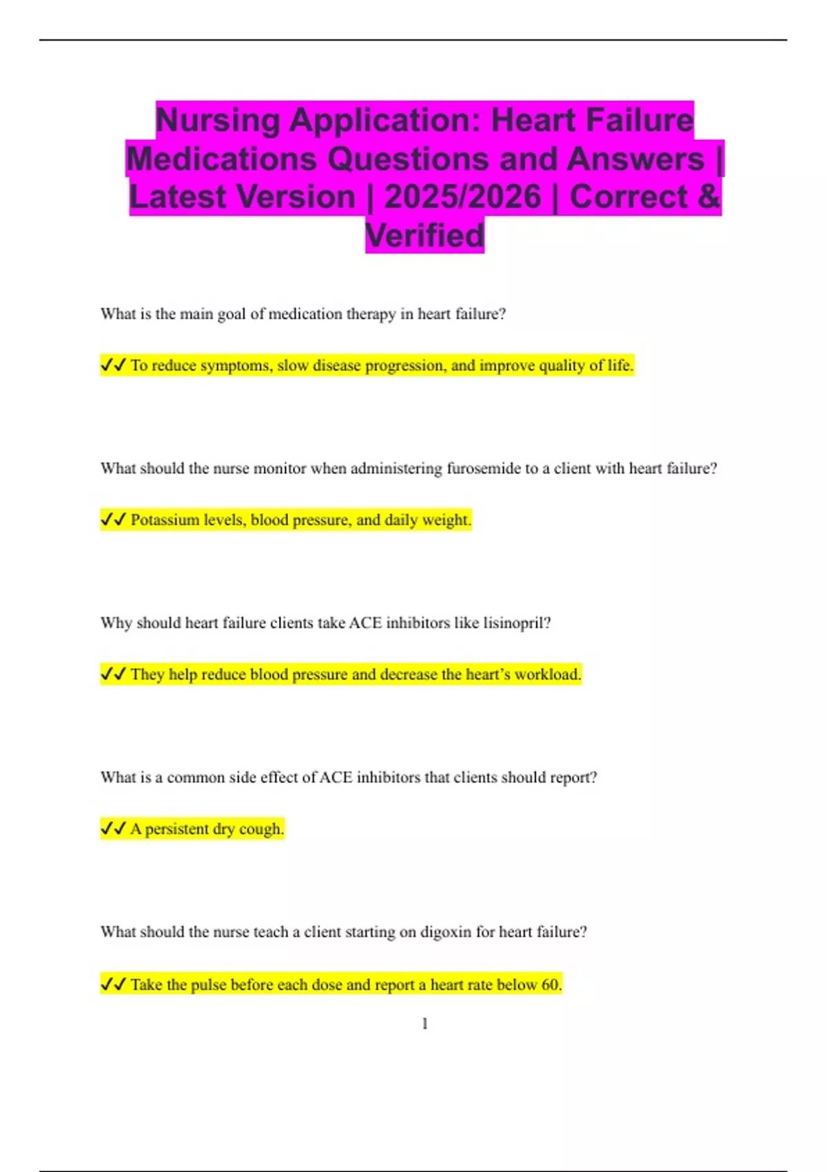 Nursing Application: Heart Failure Medications Questions and Answers ...