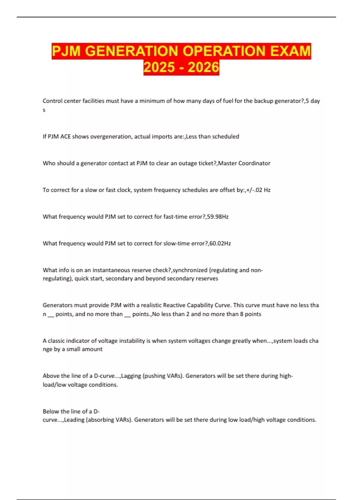 PJM GENERATION OPERATION EXAM - PJM 6135 - Stuvia US