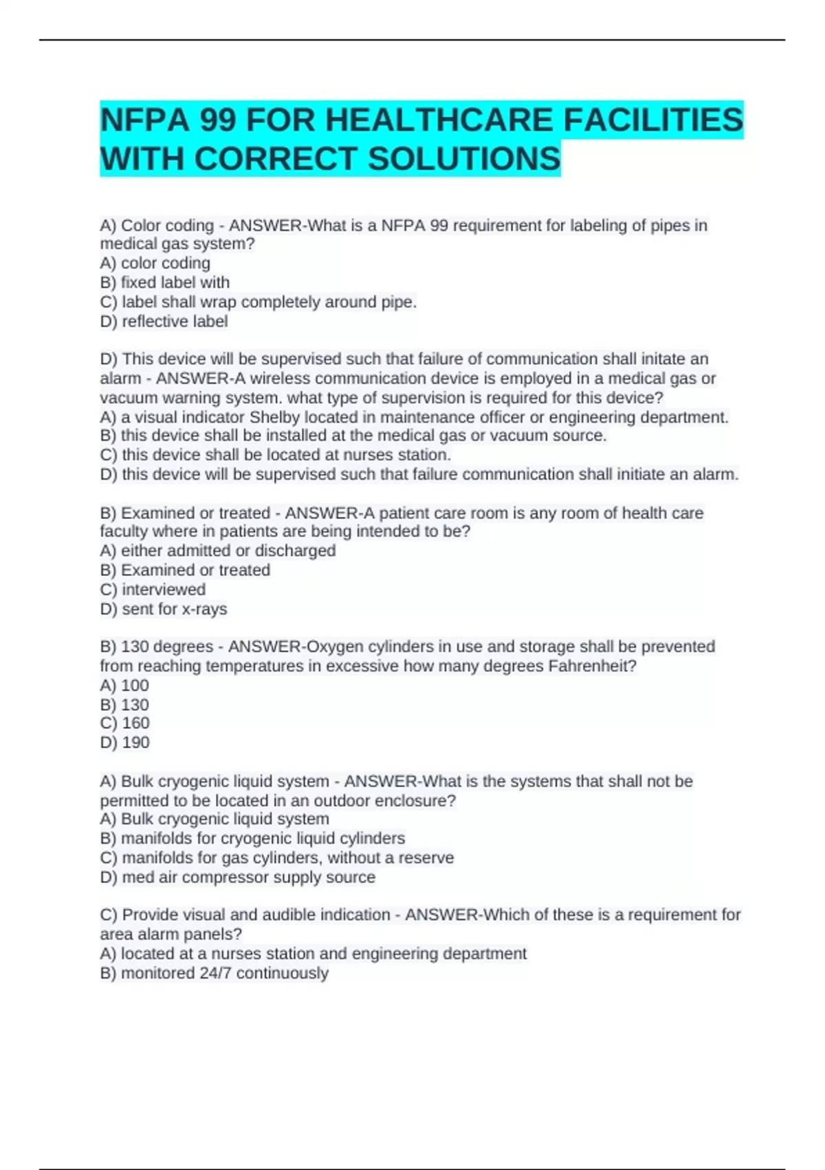 NFPA 99 FOR HEALTHCARE FACILITIES WITH CORRECT SOLUTIONS - NFPA 99 FOR ...
