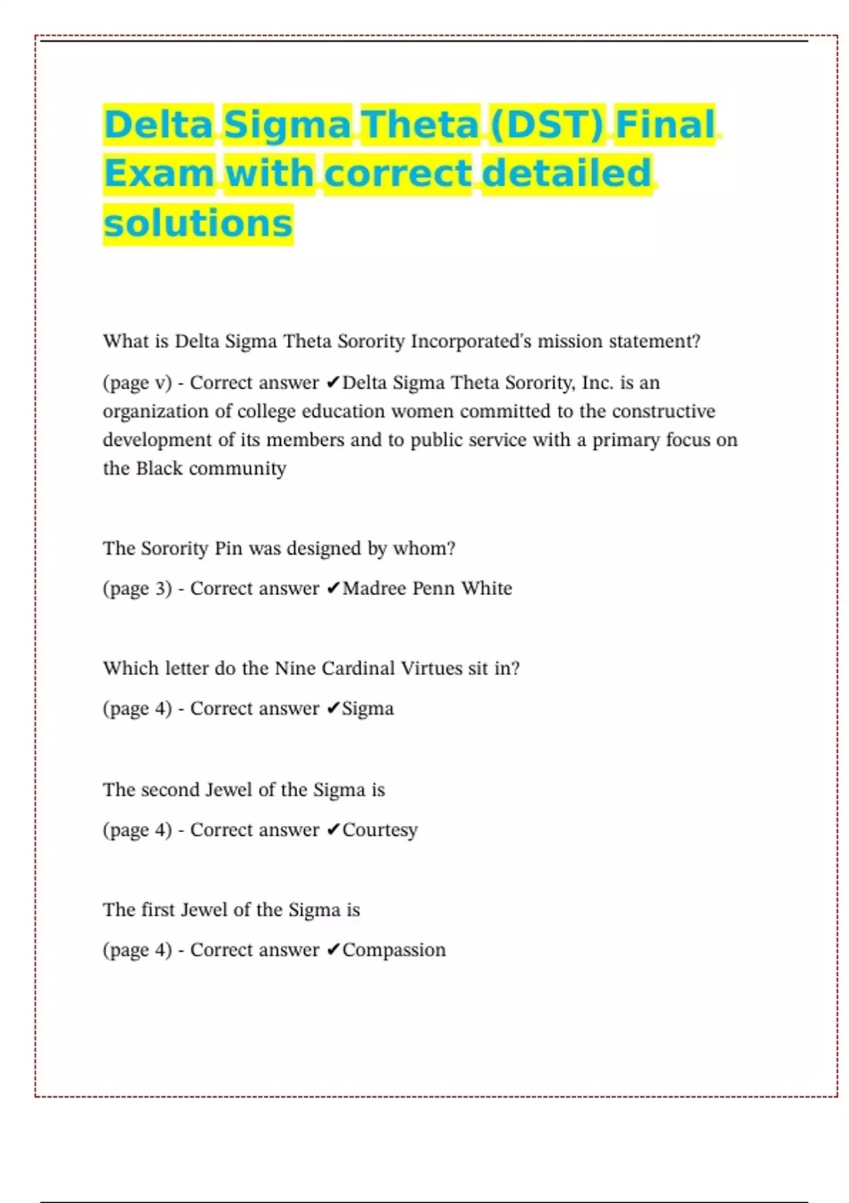 Delta Sigma Theta (DST) Final Exam with correct detailed solutions ...