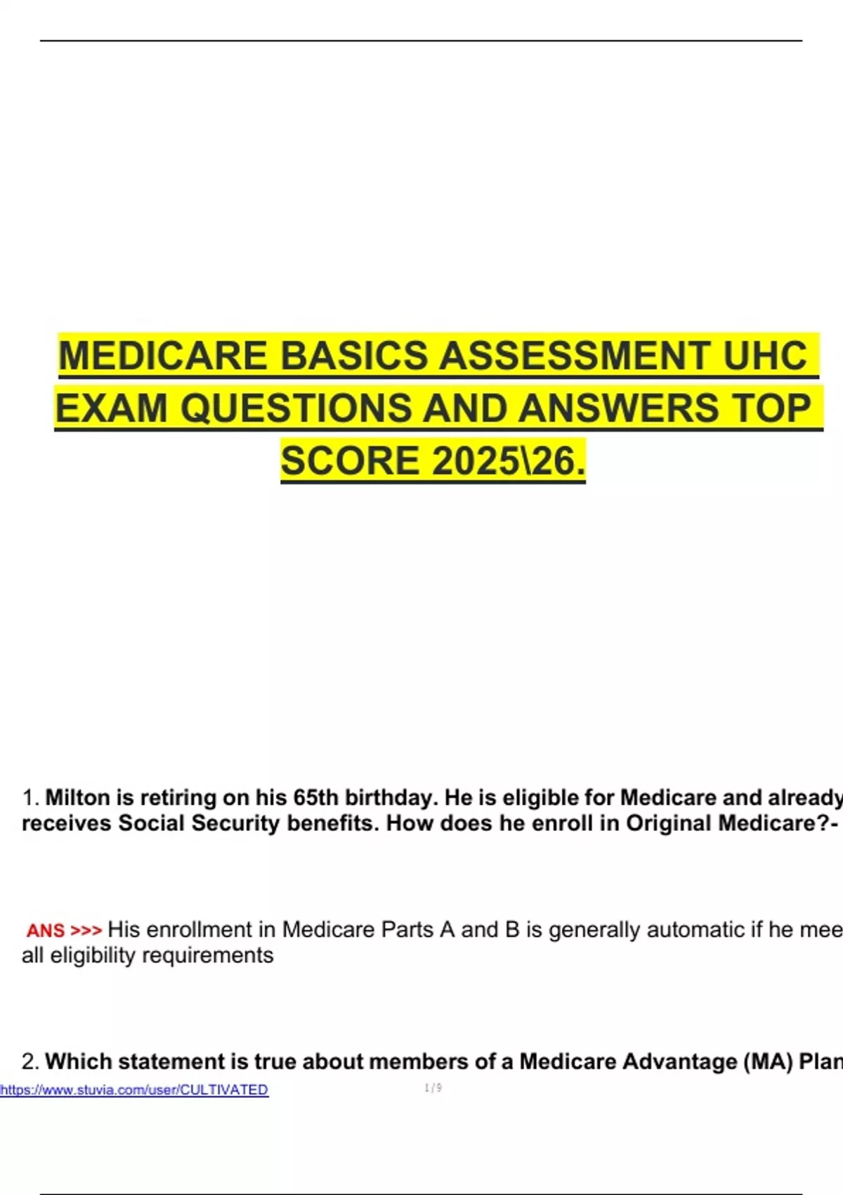 MEDICARE BASICS ASSESSMENT UHC EXAM QUESTIONS AND ANSWERS TOP SCORE ...