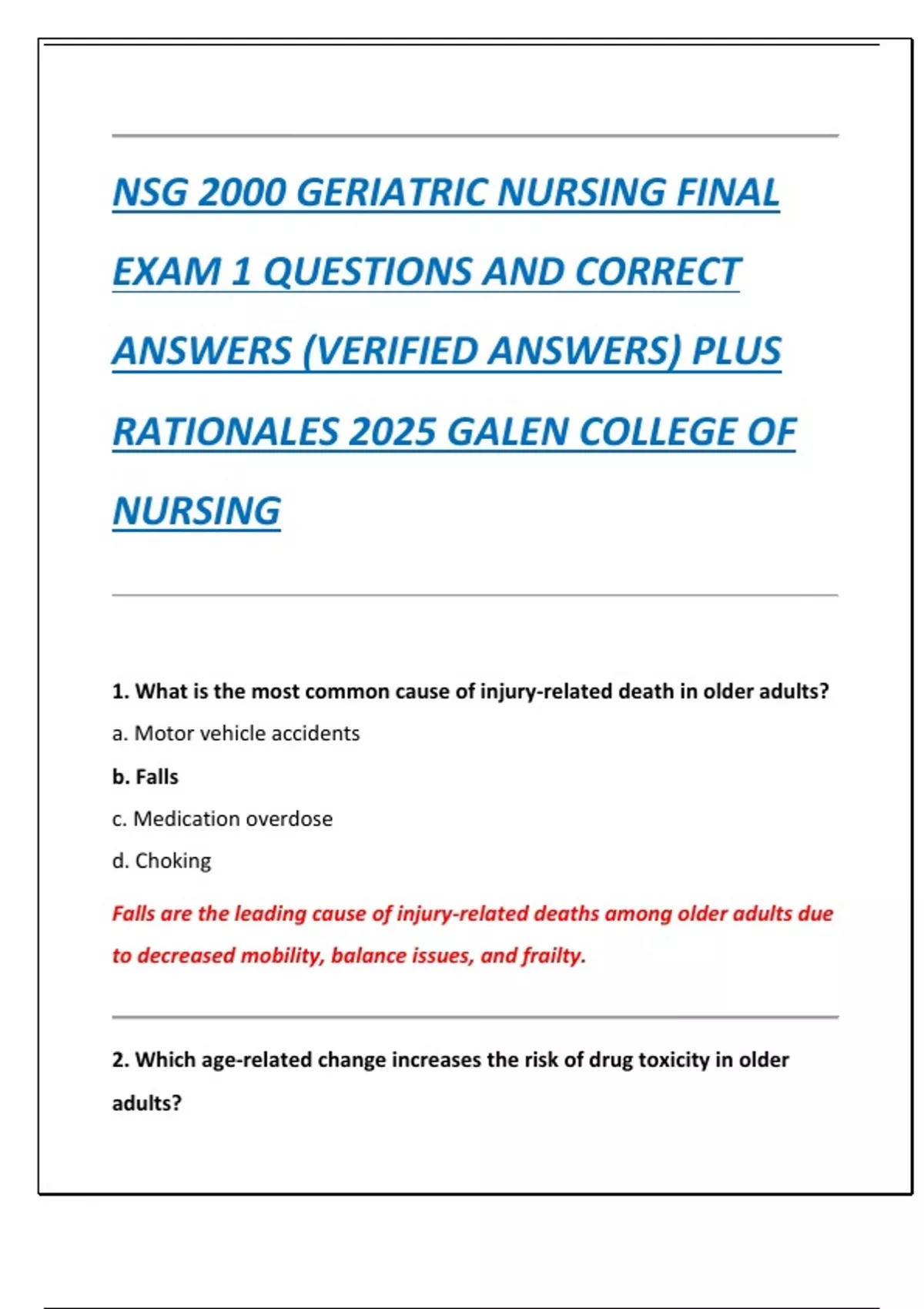 Compilation Bundle For NSG 2000 GERIATRIC NURSING EXAMS QUESTIONS AND ...