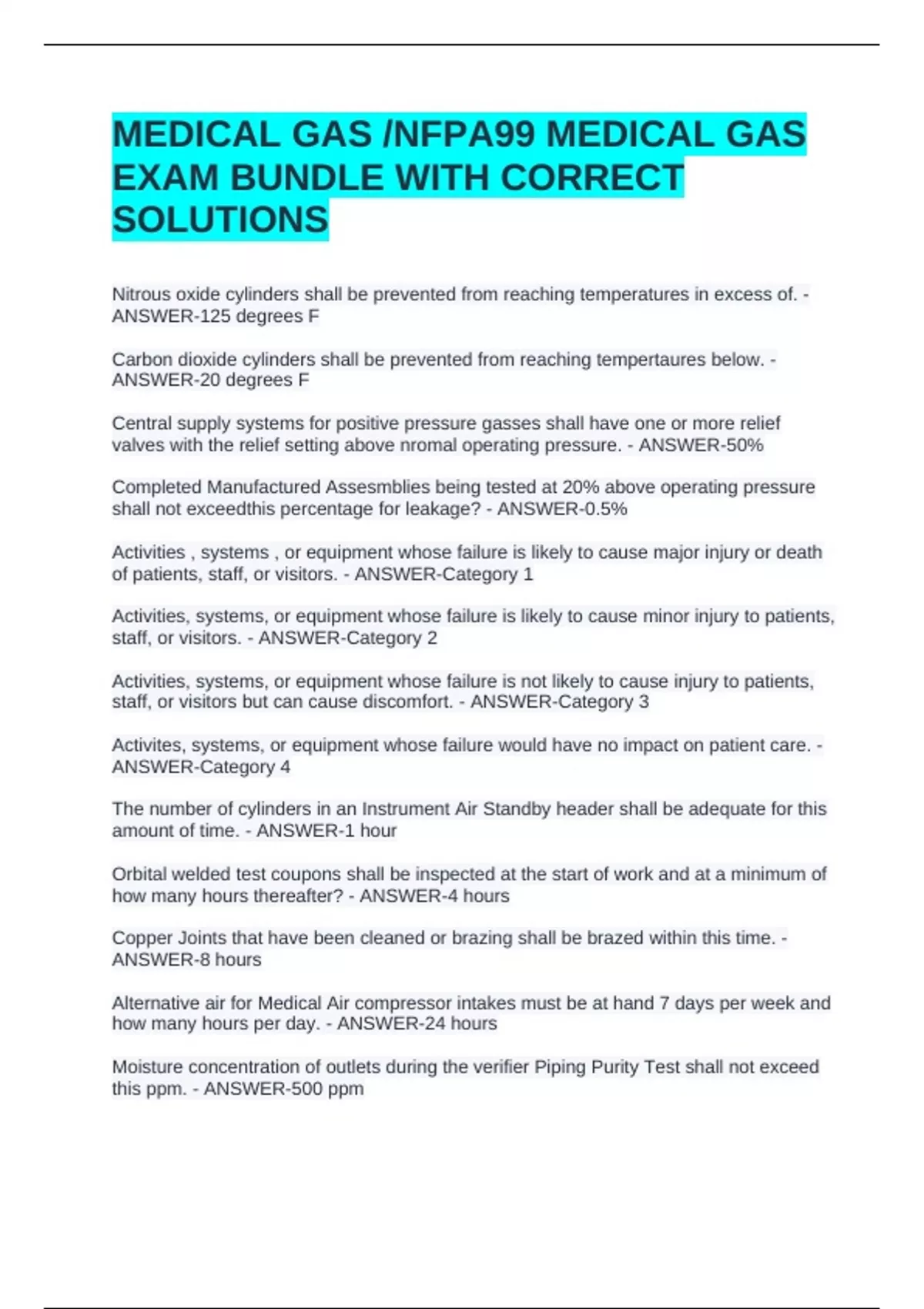 MEDICAL GAS /NFPA99 MEDICAL GAS EXAM BUNDLE WITH CORRECT SOLUTIONS ...