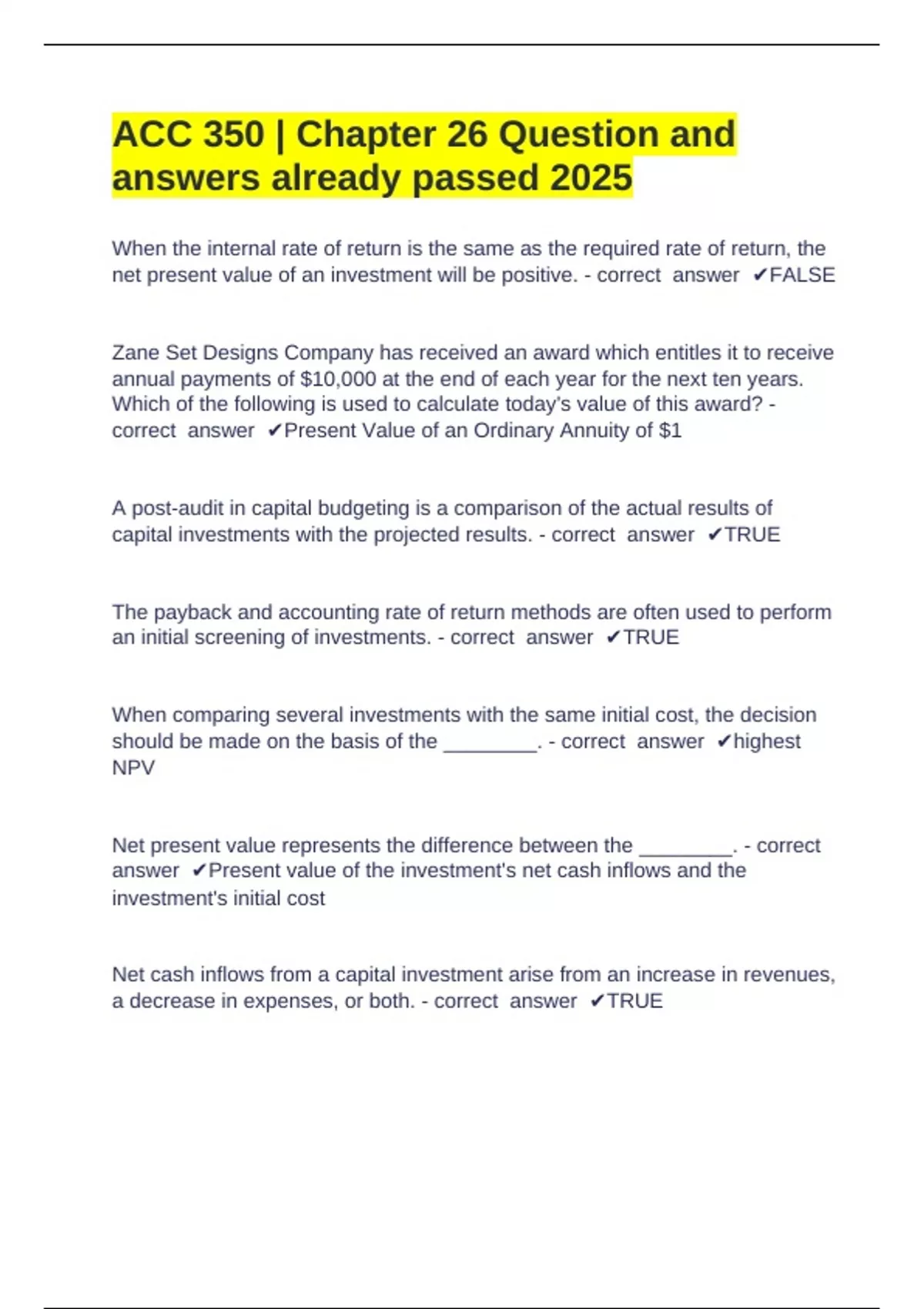 ACC 350 | Chapter 26 Question and answers already passed 2025 - ACC 350 | Chapter 26 - Stuvia US