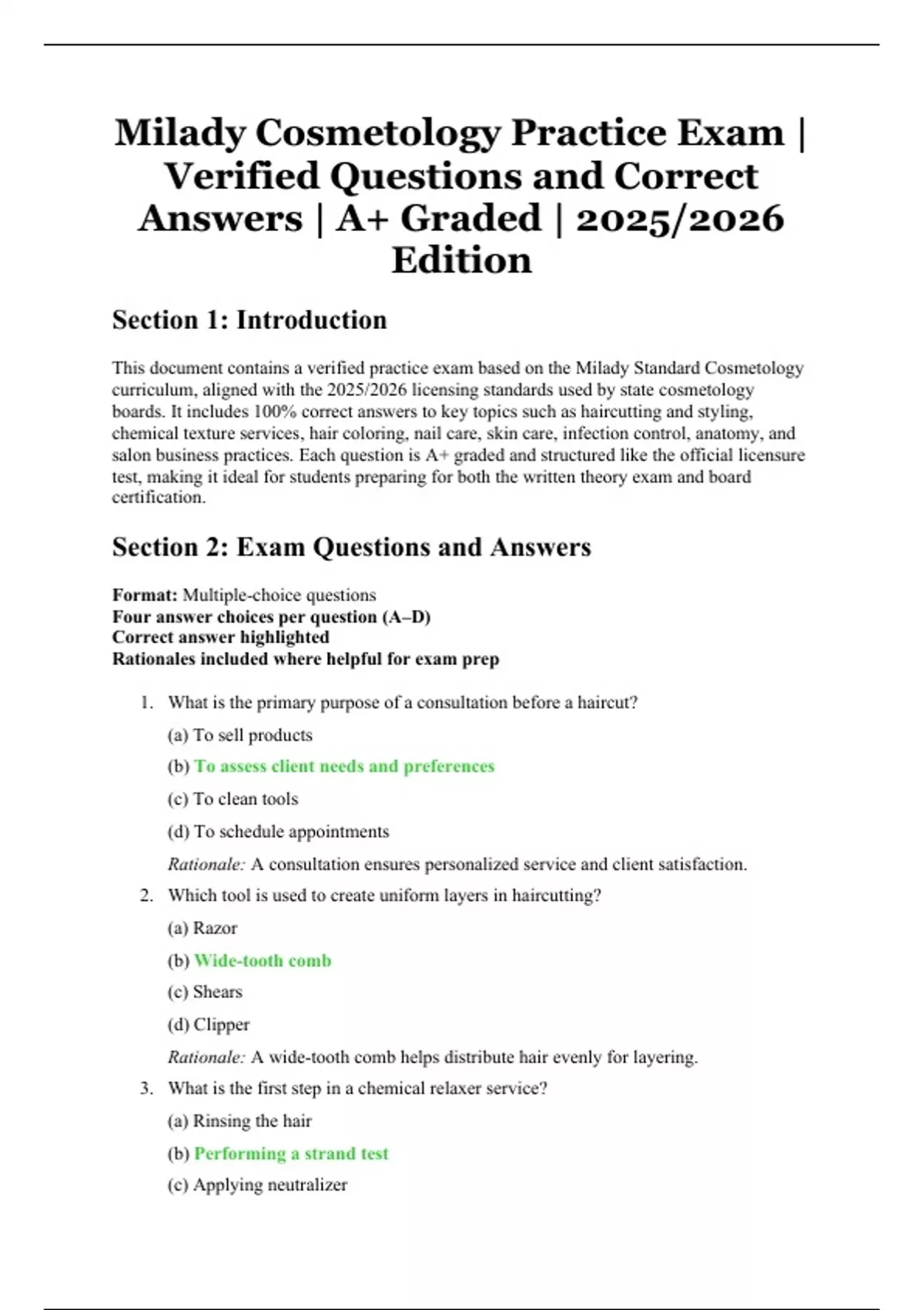 Milady Cosmetology Practice Exam – Verified Questions and Correct ...