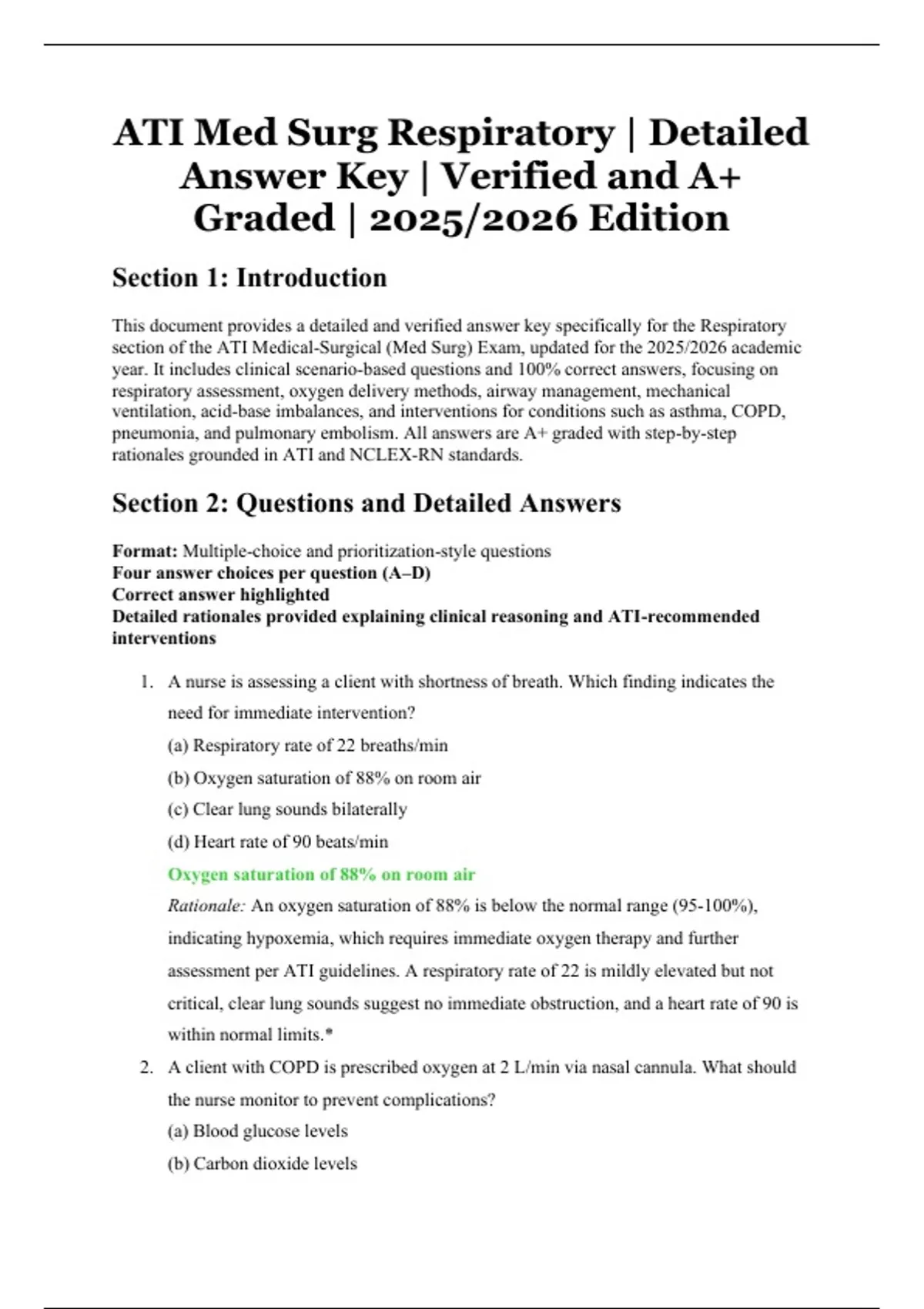 ATI Med Surg Respiratory – Detailed Answer Key – Verified and A+ Graded ...