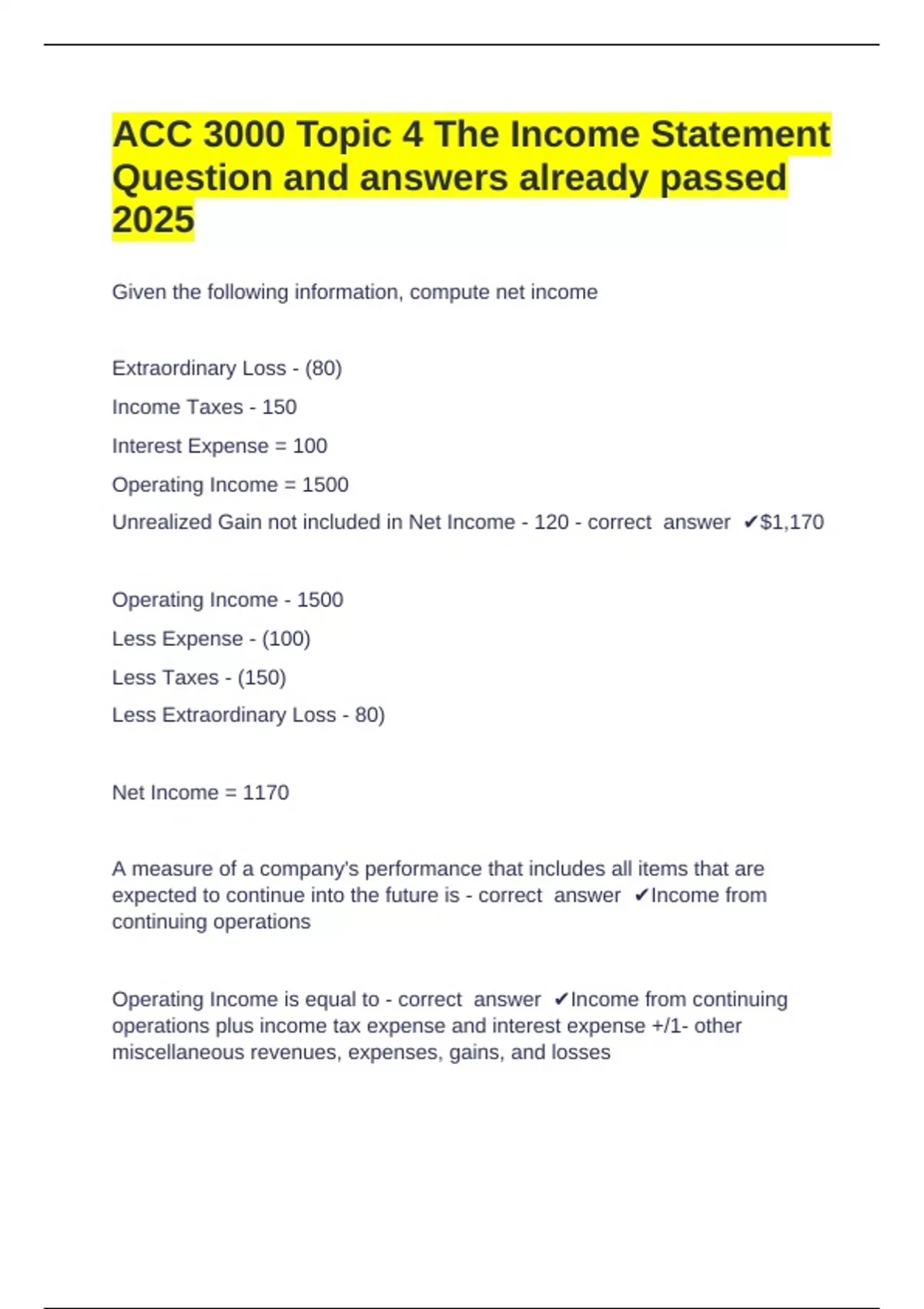 ACC 3000 Topic 4 The Income Statement Question and answers already ...