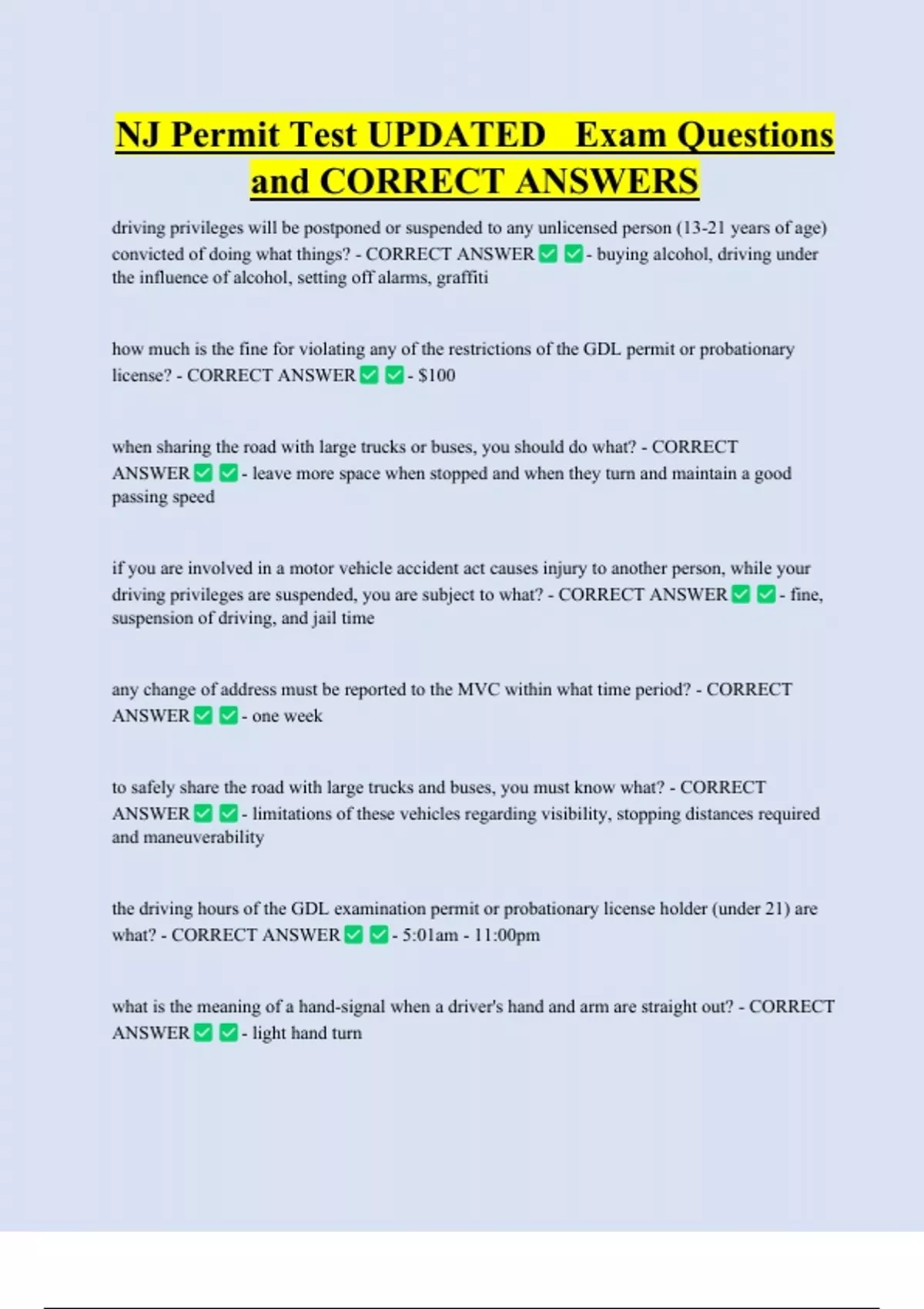 NJ Permit Test UPDATED Exam Questions and CORRECT ANSWERS - Driving ...