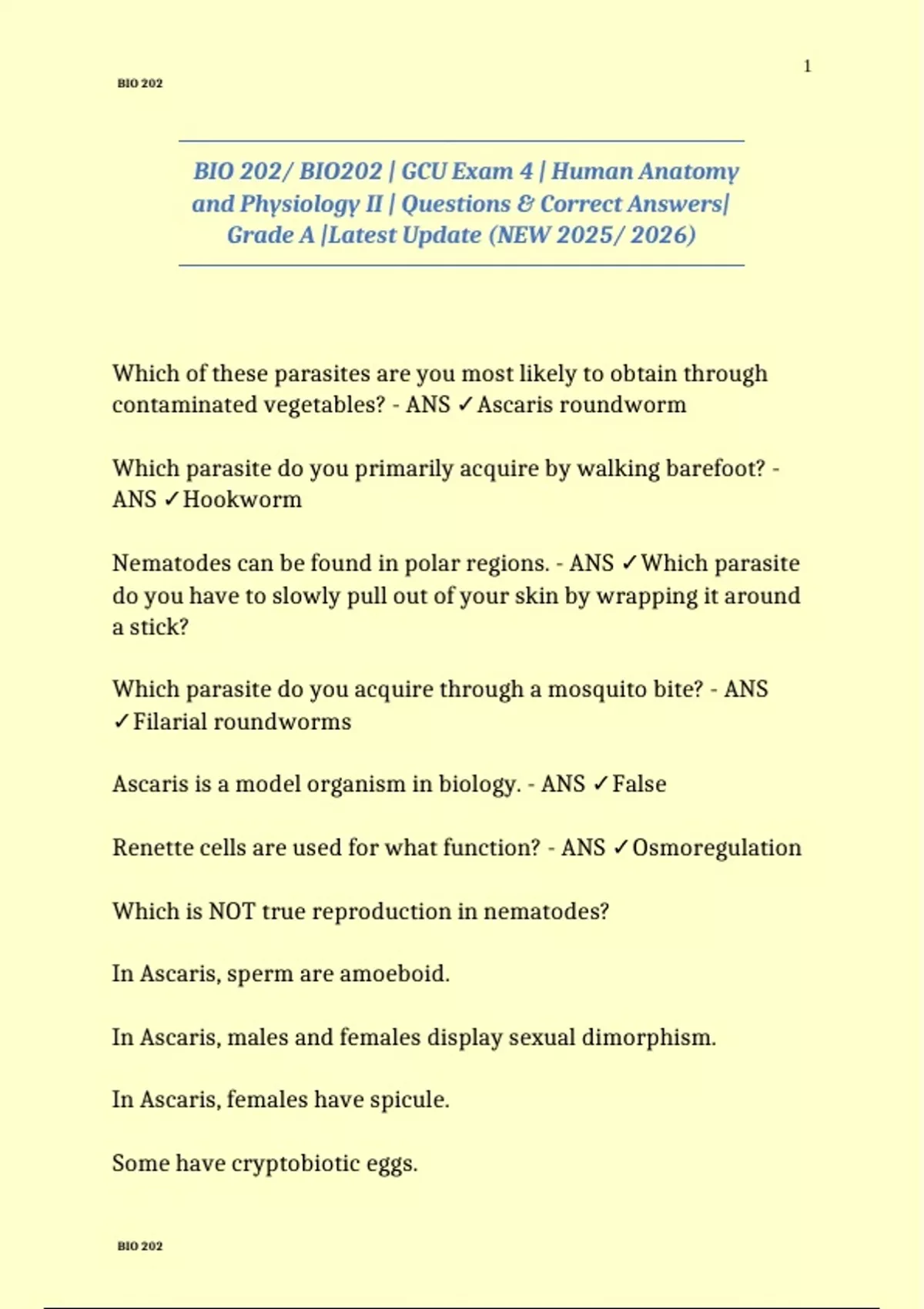 BIO 202/ BIO202 | GCU Exam 4 | Human Anatomy and Physiology II ...