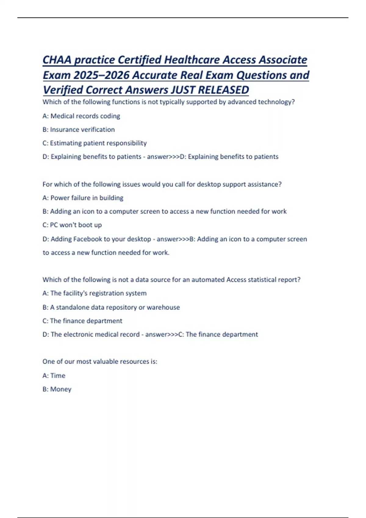 CHAA practice Certified Healthcare Access Associate Exam 2025–2026 Accurate Real Exam Questions ...