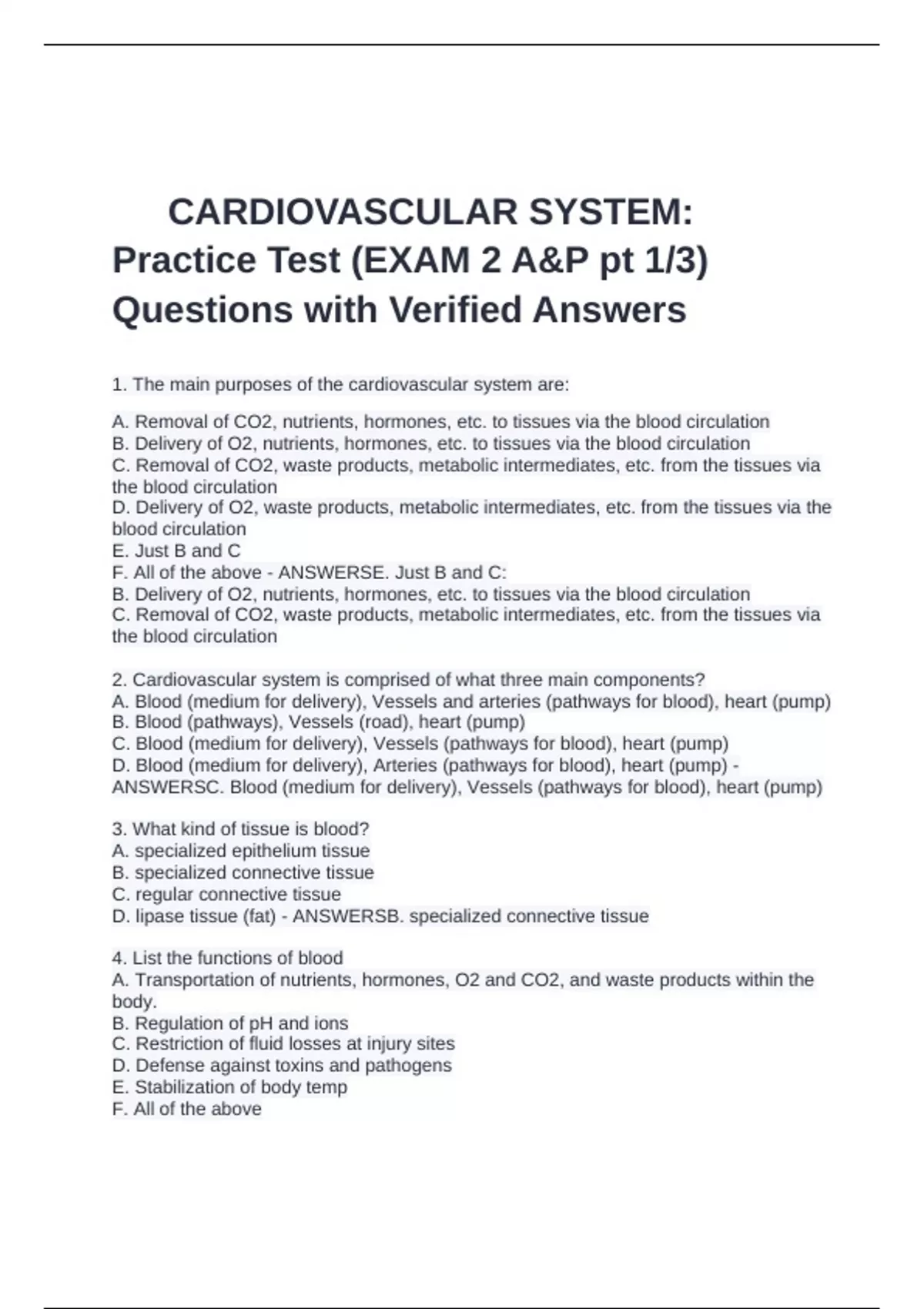 CARDIOVASCULAR SYSTEM: Practice Test (EXAM 2 A&P pt 1/3) Questions with ...
