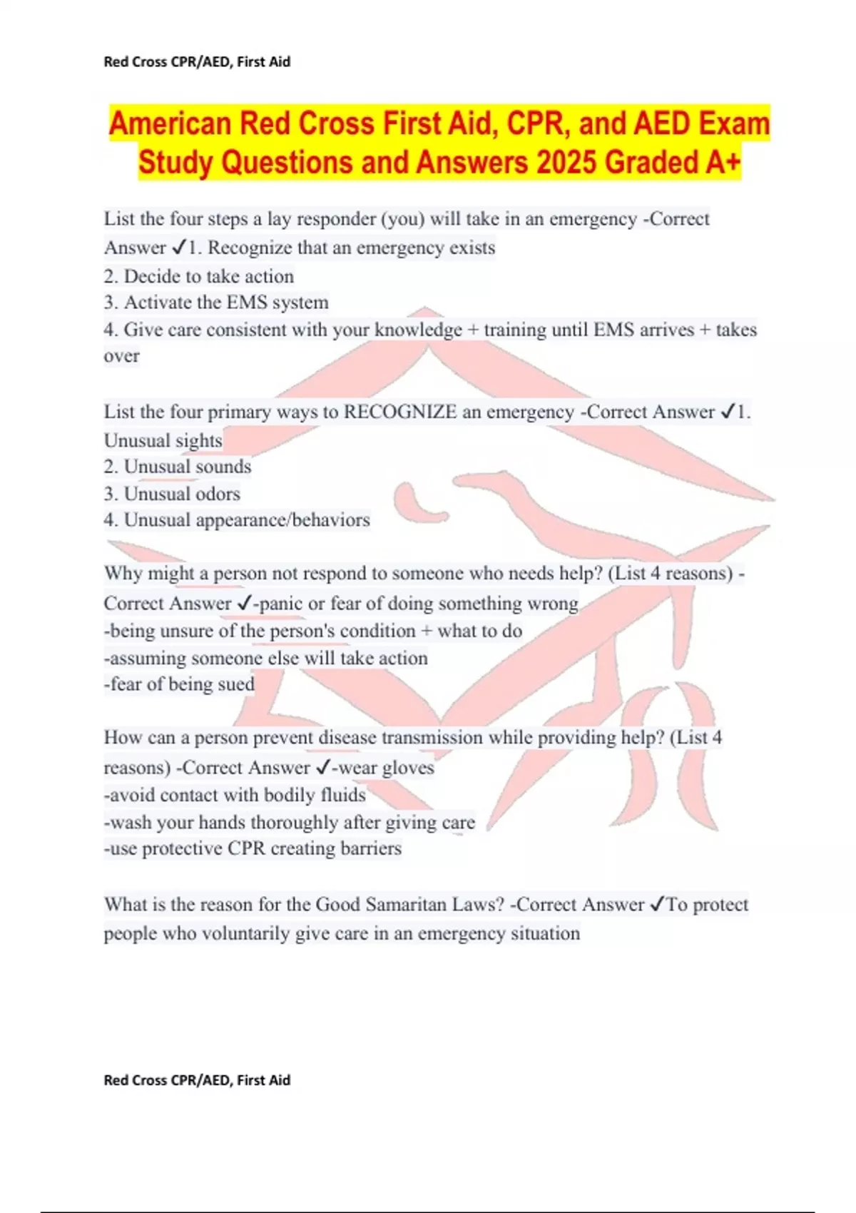 American Red Cross First Aid, CPR, and AED Exam Study Questions and Answers 2025 Graded A+ ...