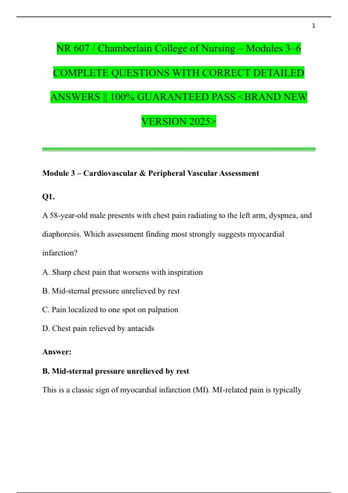 NR 607 / Chamberlain College of Nursing – Modules 3–6 COMPLETE QUESTIONS WITH CORRECT DETAILED ...