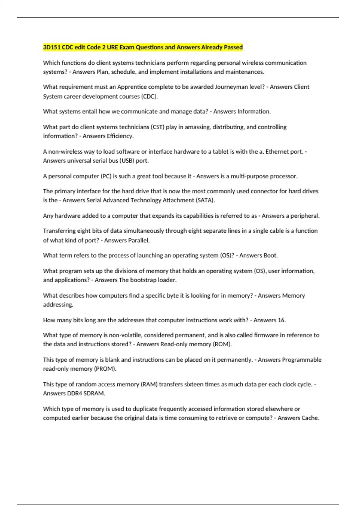 3D151 CDC edit Code 2 URE Exam Questions and Answers Already Passed ...