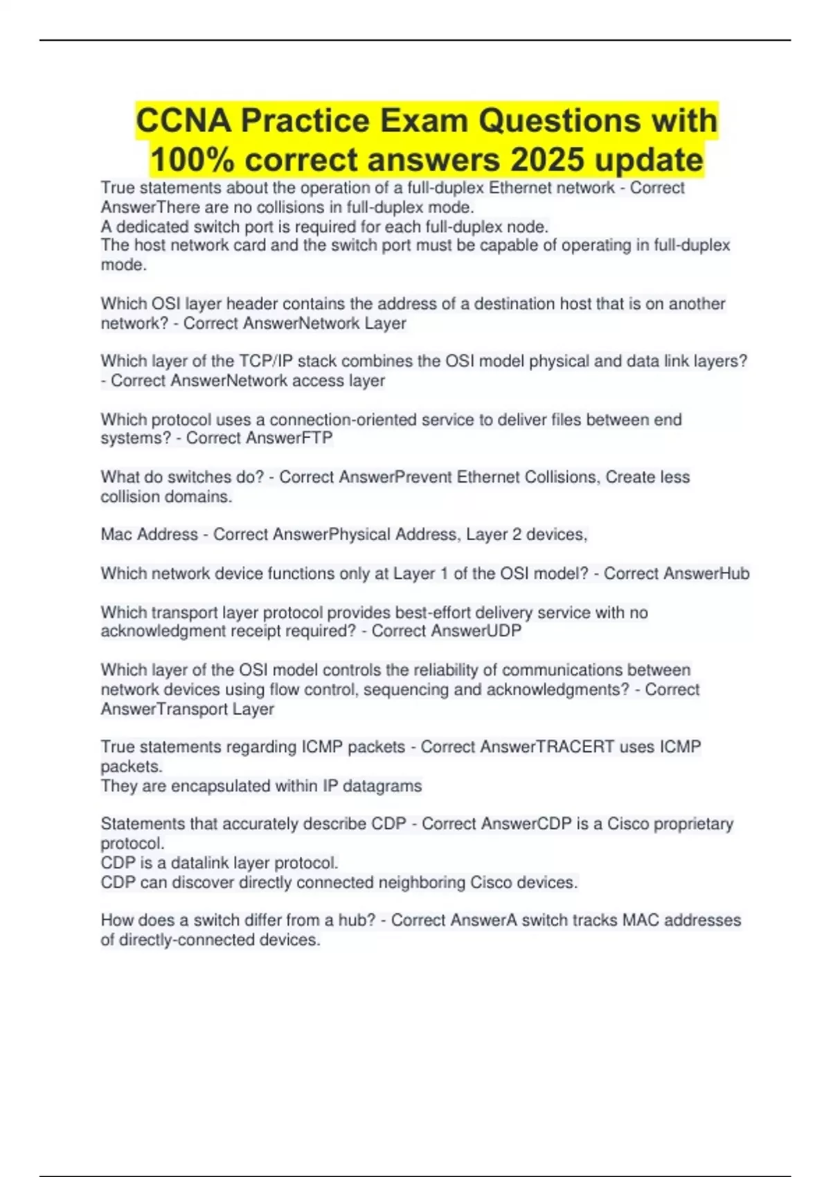 CCNA Practice Exam Questions with 100% correct answers 2025 update ...