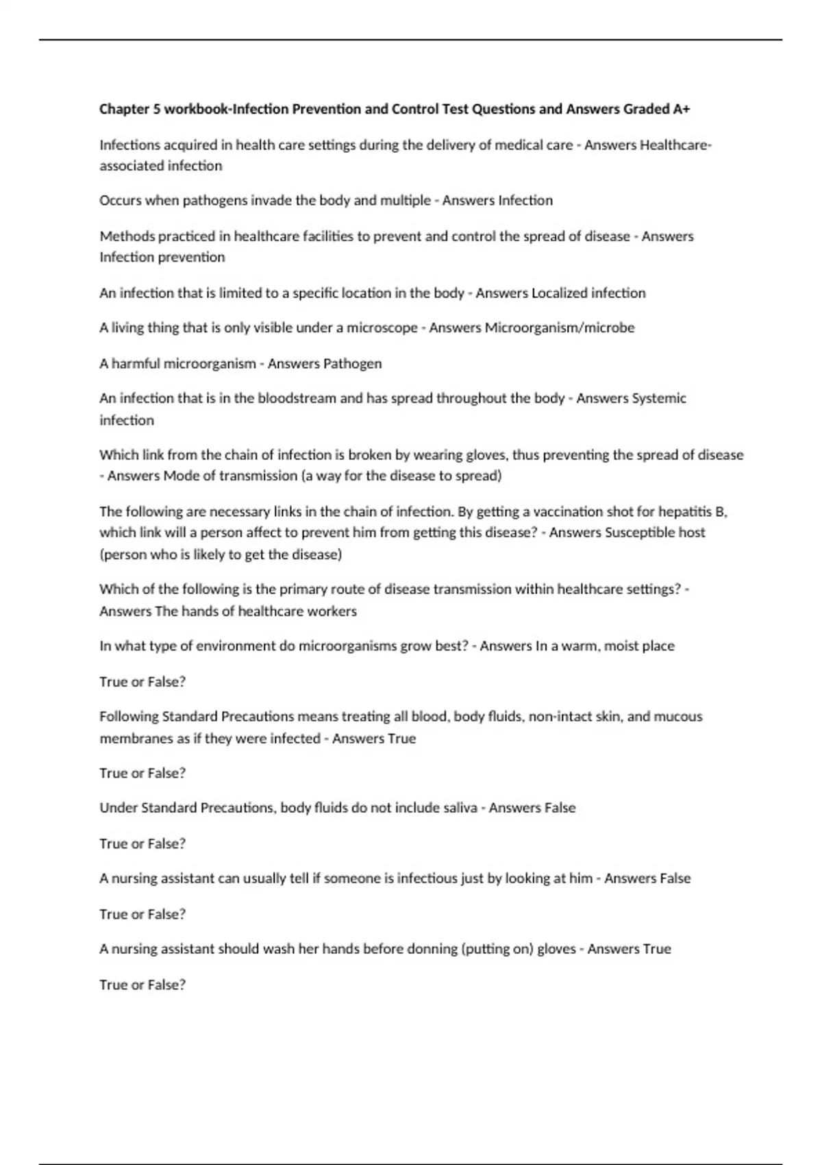 Chapter 5 workbook-Infection Prevention and Control Test Questions and ...