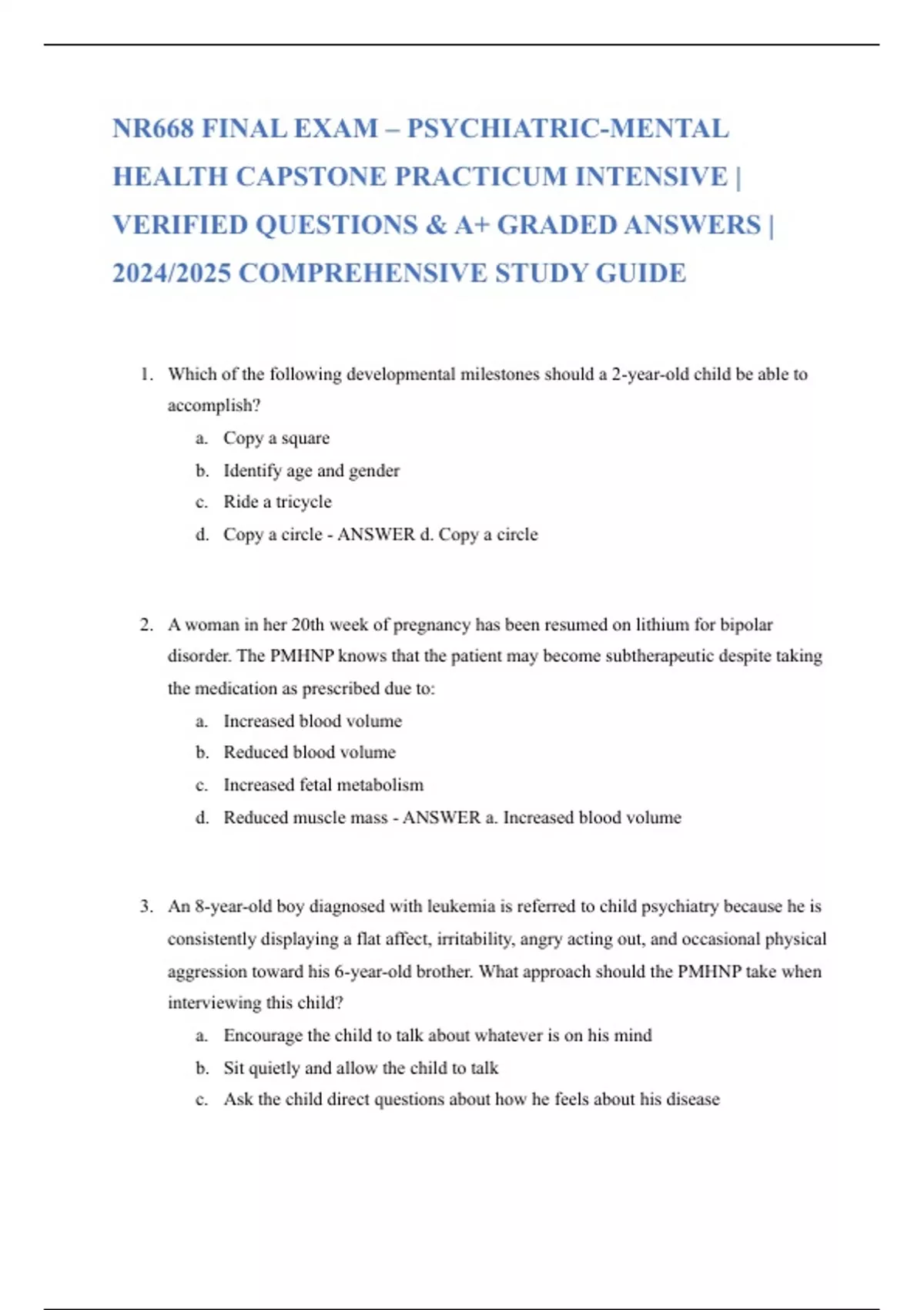 NR668 FINAL EXAM – PSYCHIATRIC-MENTAL HEALTH CAPSTONE PRACTICUM ...