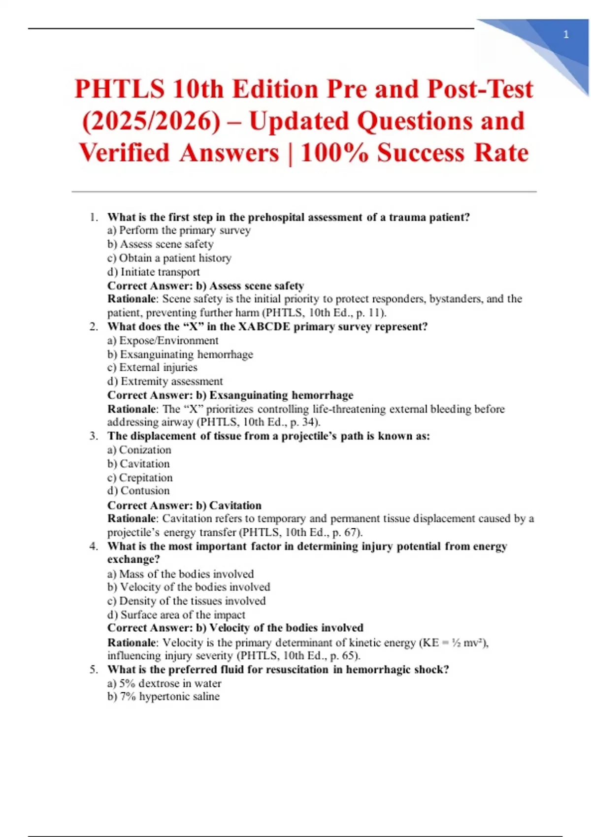 PHTLS 10th Edition Pre and Post-Test (2025/2026) – Updated Questions ...