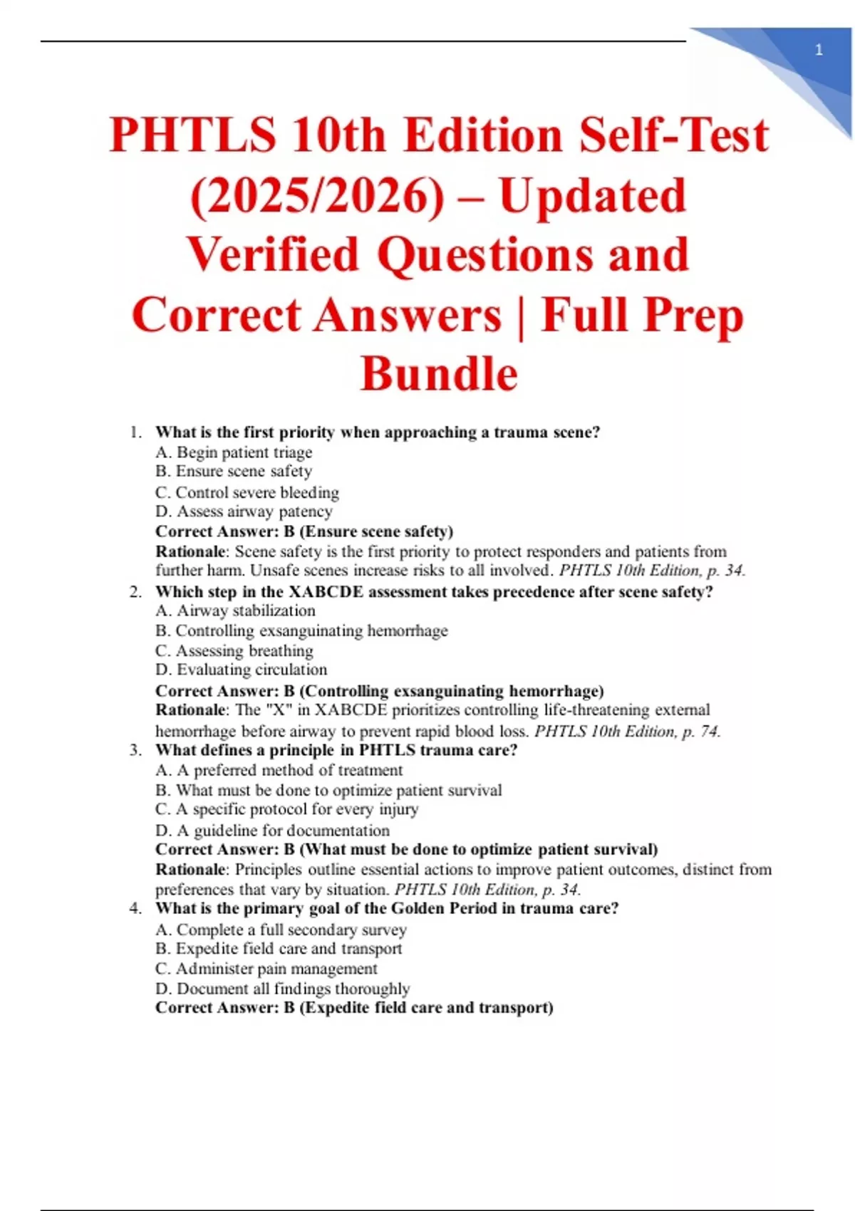 PHTLS 10th Edition Self-Test (2025/2026) – Updated Verified Questions ...