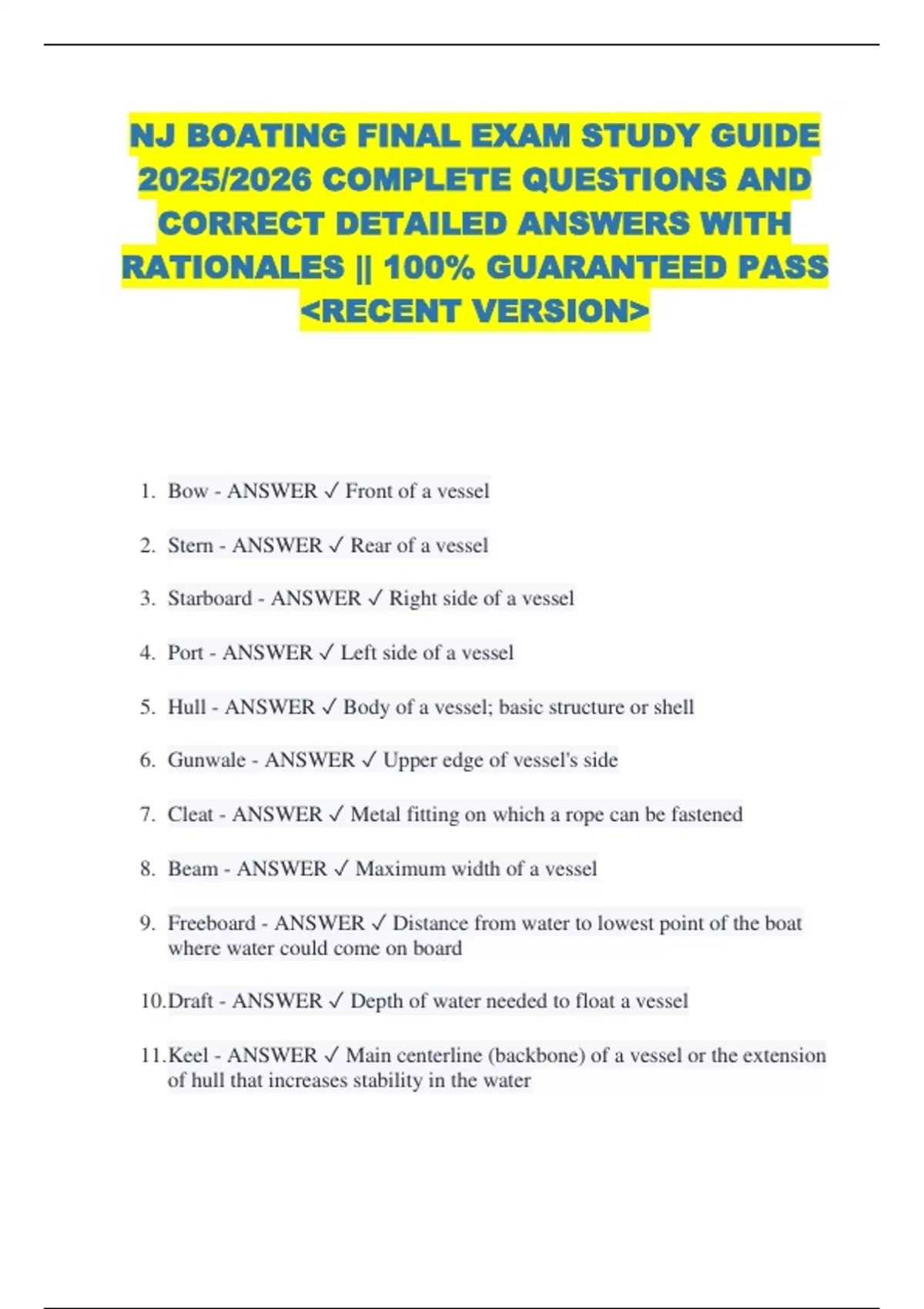 NJ BOATING FINAL EXAM STUDY GUIDE 2025/2026 COMPLETE QUESTIONS AND ...