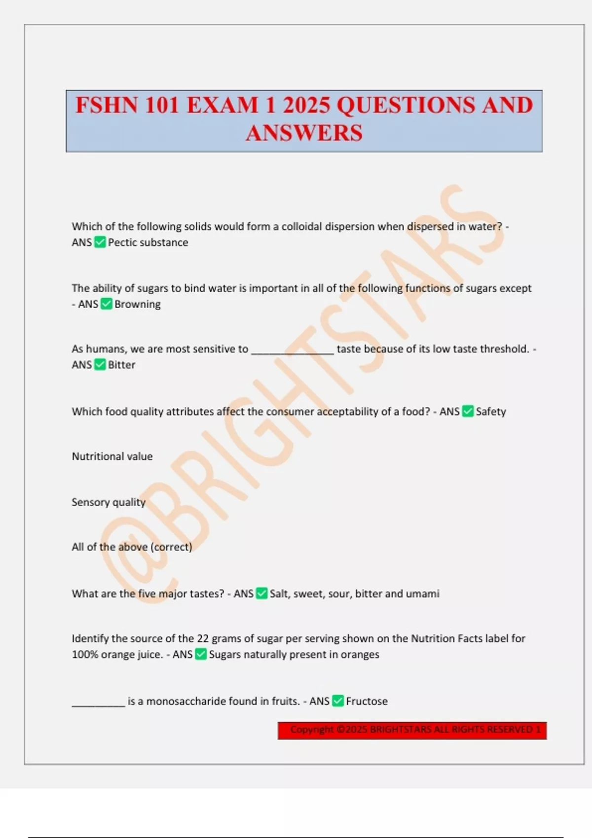 FSHN 101 EXAM 1 2025 QUESTIONS AND ANSWERS - FSHN 101 - Stuvia US