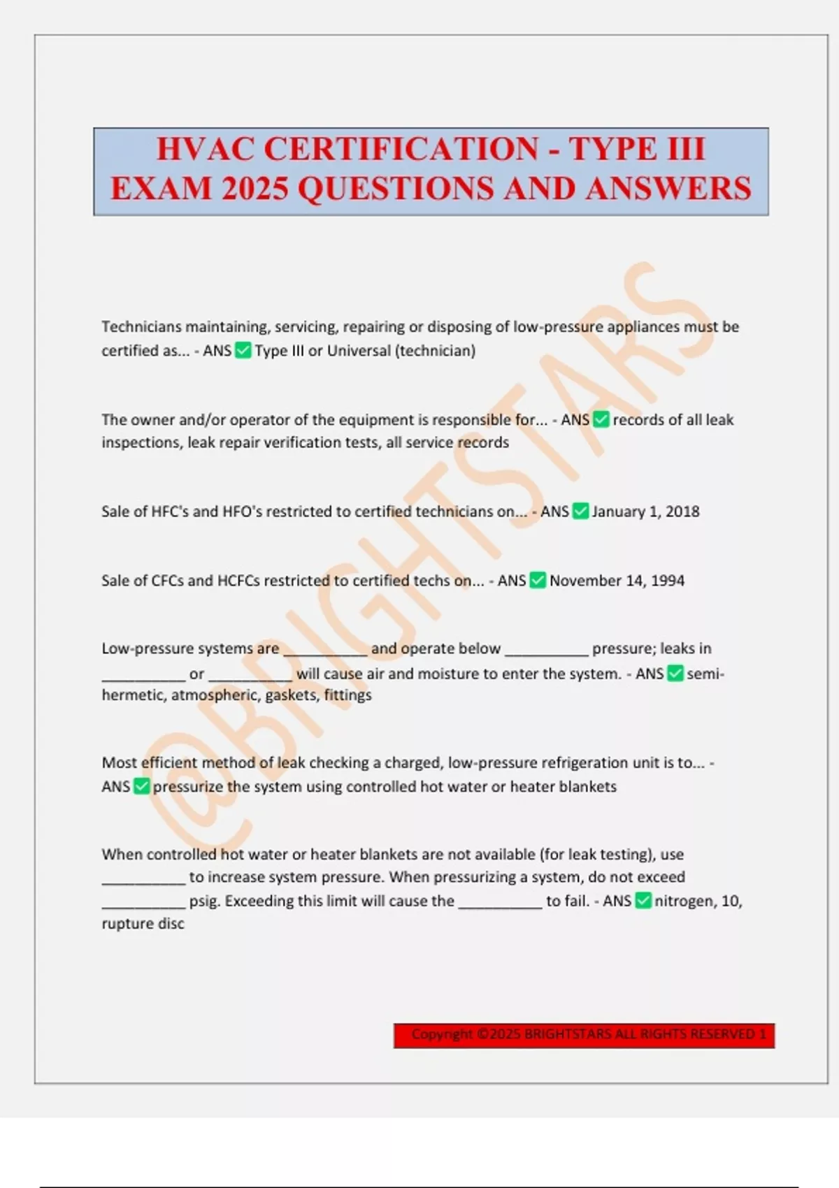 HVAC CERTIFICATION - TYPE III EXAM 2025 QUESTIONS AND ANSWERS - HVAC ...