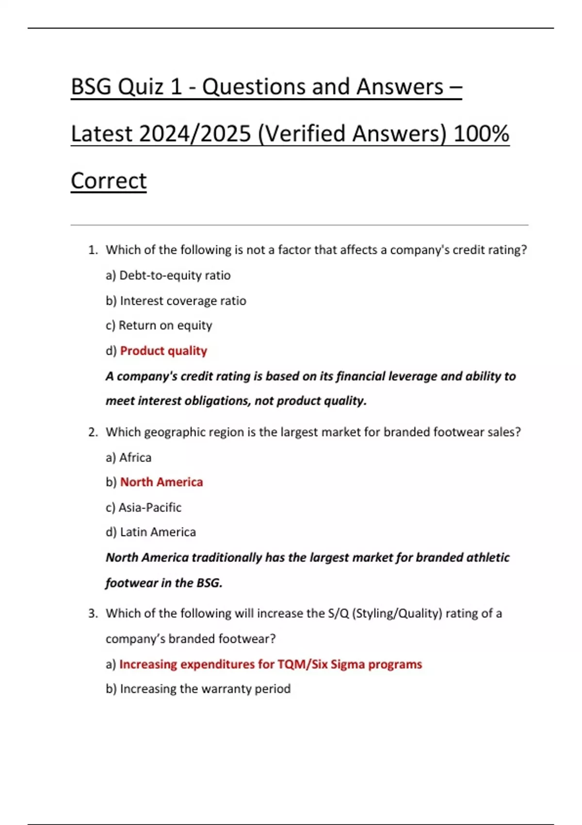 BSG Quiz 1 - Questions and Answers – Latest 2024/2025 (Verified Answers ...