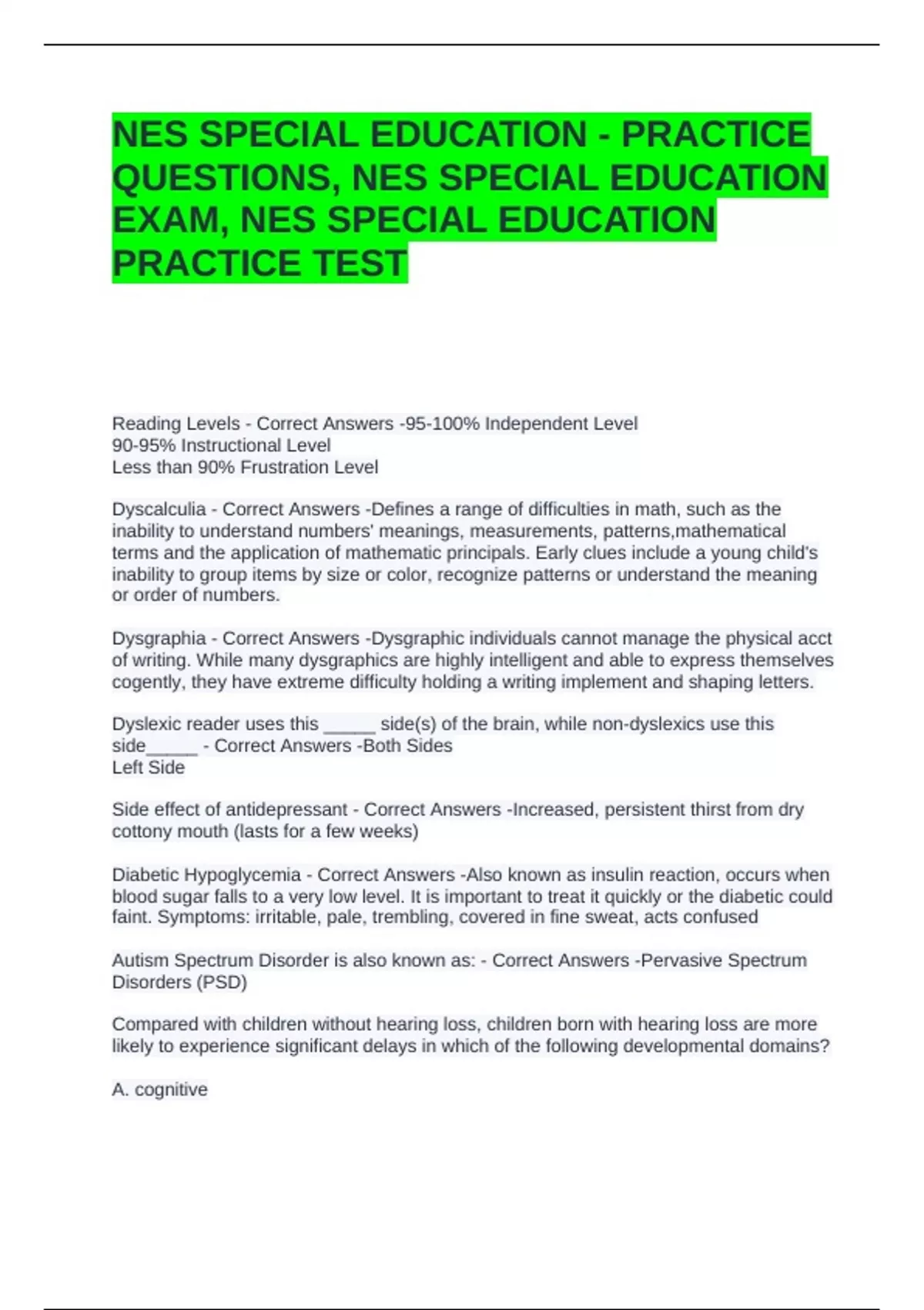 NES SPECIAL EDUCATION - PRACTICE QUESTIONS, NES SPECIAL EDUCATION EXAM ...