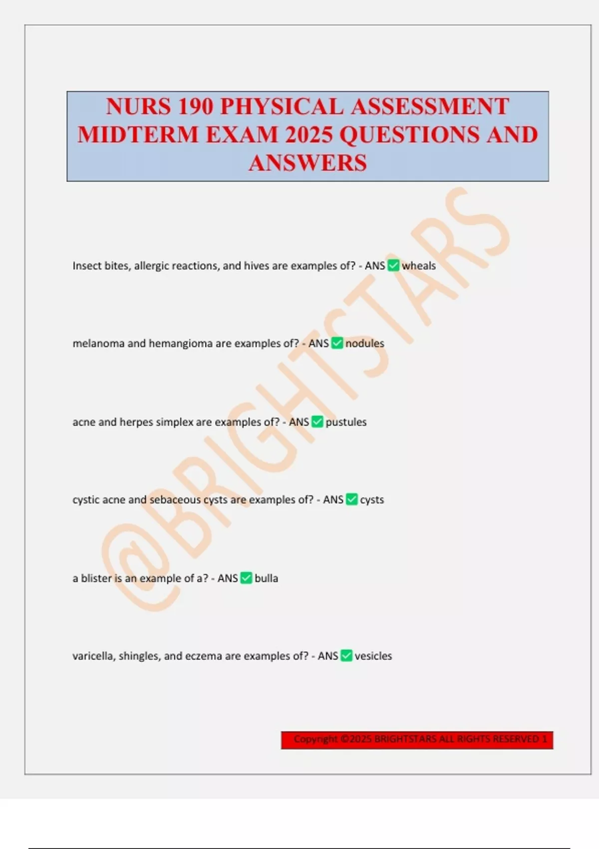 NURS 190 PHYSICAL ASSESSMENT MIDTERM EXAM 2025 QUESTIONS AND ANSWERS - NURS 190 - Stuvia US