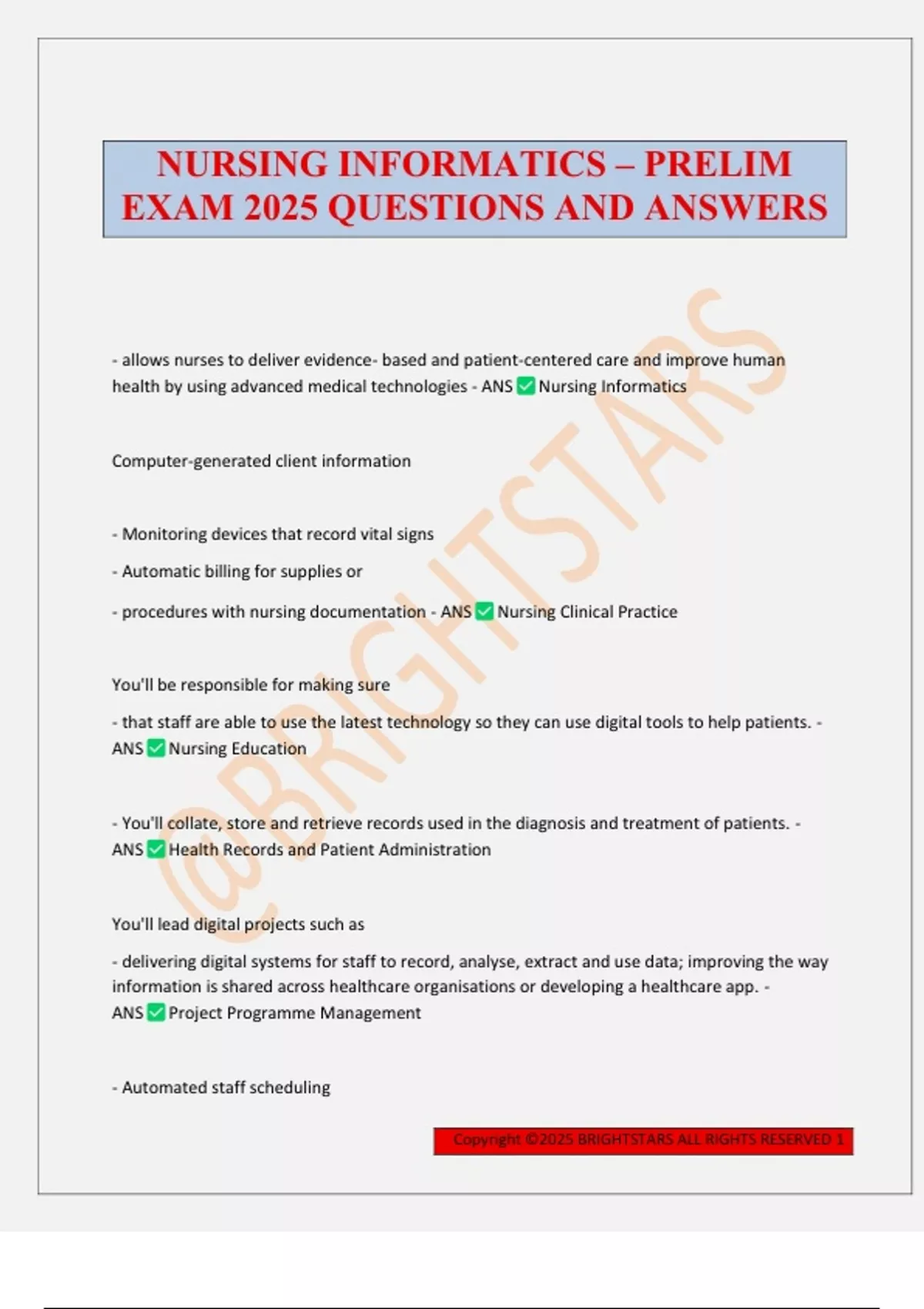 NURSING INFORMATICS – PRELIM EXAM 2025 QUESTIONS AND ANSWERS - NURSING ...