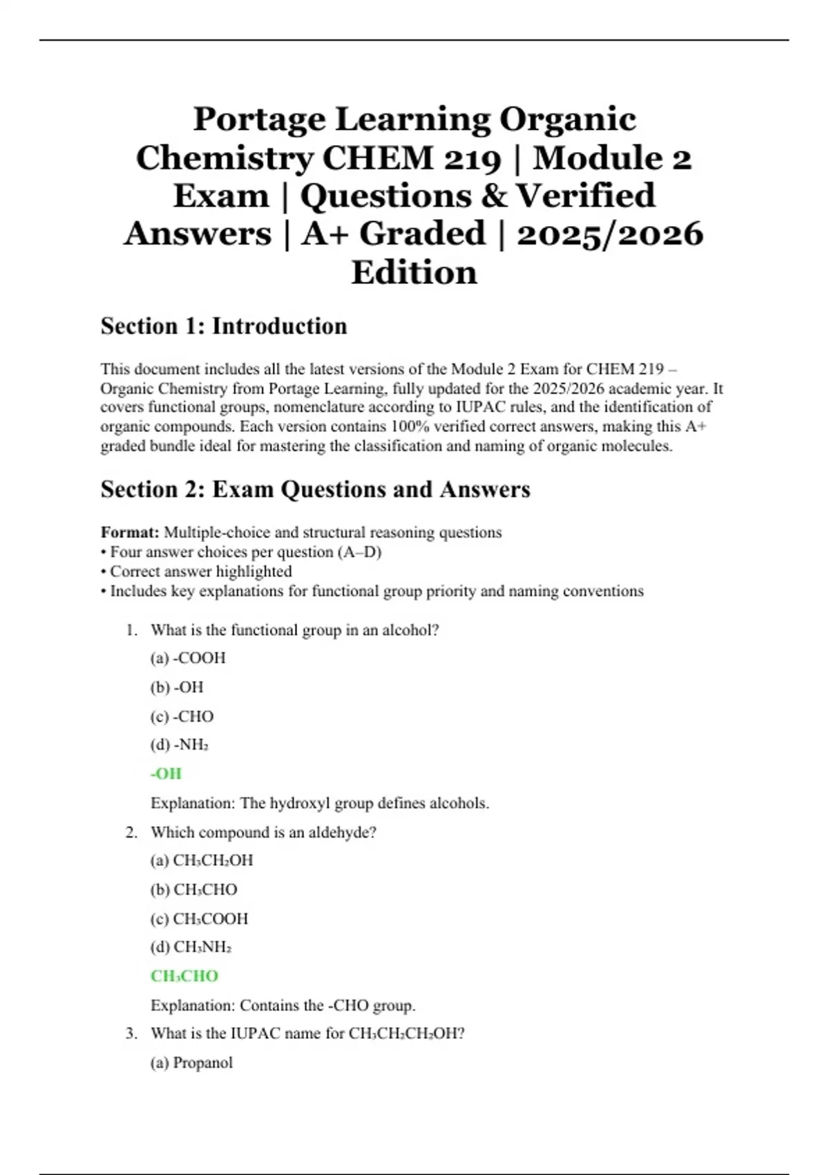 Portage Learning Organic Chemistry CHEM 219 – Module 2 Exam – Questions ...