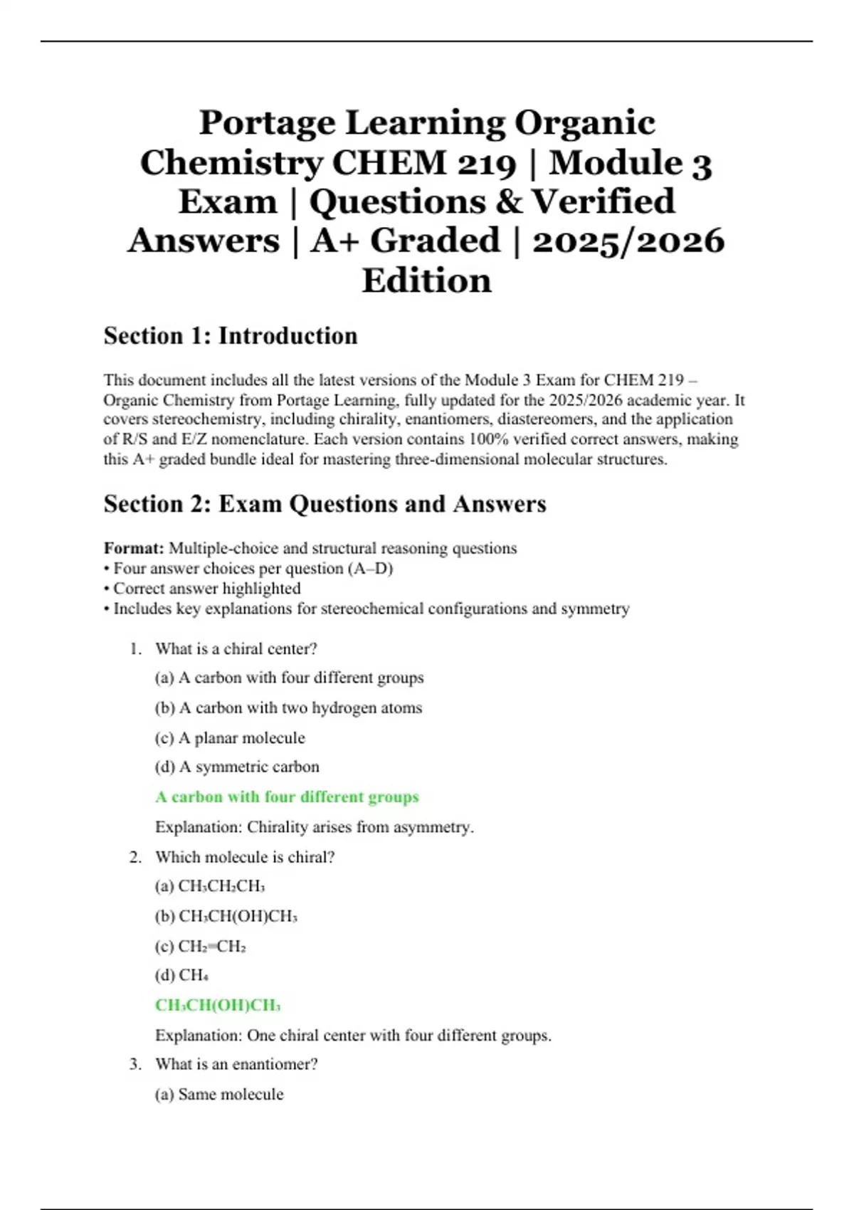 Portage Learning Organic Chemistry CHEM 219 – Module 3 Exam – Questions & Verified Answers – A+ ...