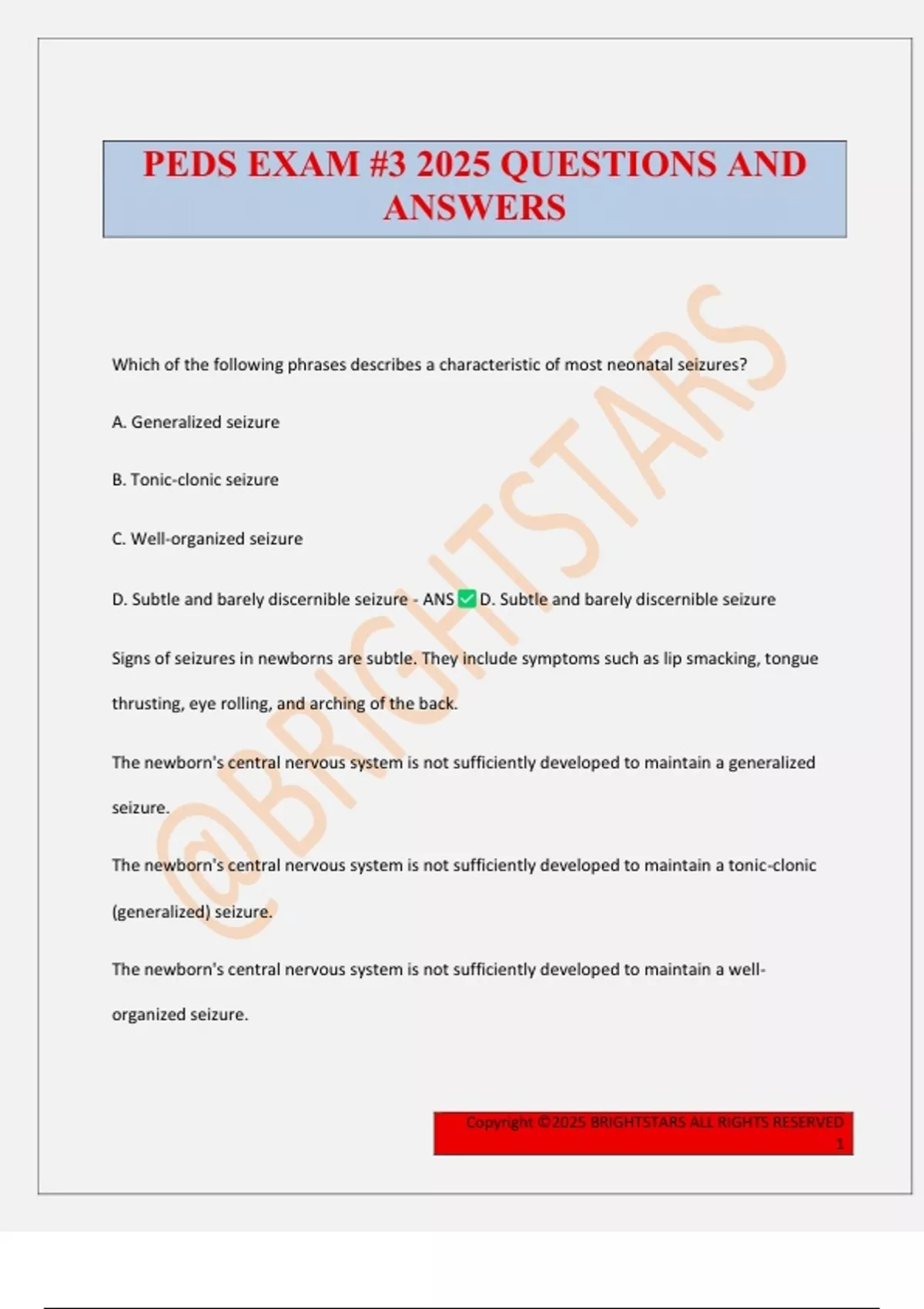 PEDS EXAM #3 2025 QUESTIONS AND ANSWERS - PEDS - Stuvia US