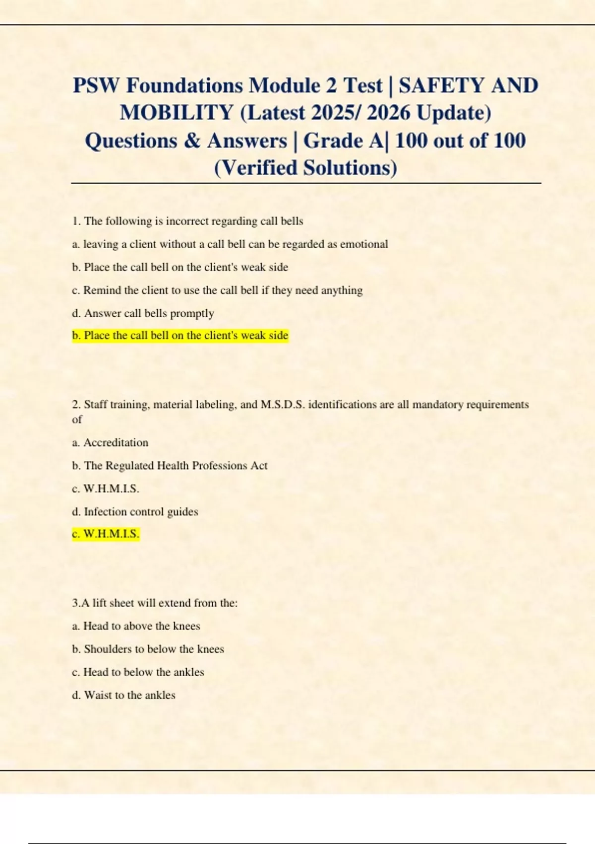 PSW Foundations Module 2 Test | SAFETY AND MOBILITY (Latest 2025/ 2026 ...
