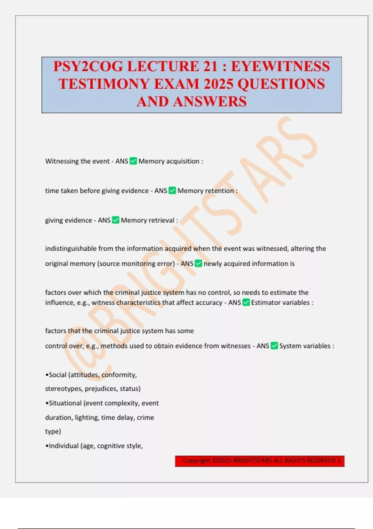 PSY2COG LECTURE 21 : EYEWITNESS TESTIMONY EXAM 2025 QUESTIONS AND ...