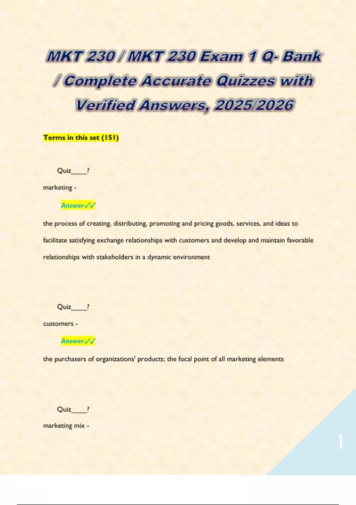 MKT 230 / MKT 230 Exam 1 Q- Bank / Complete Accurate Quizzes with ...