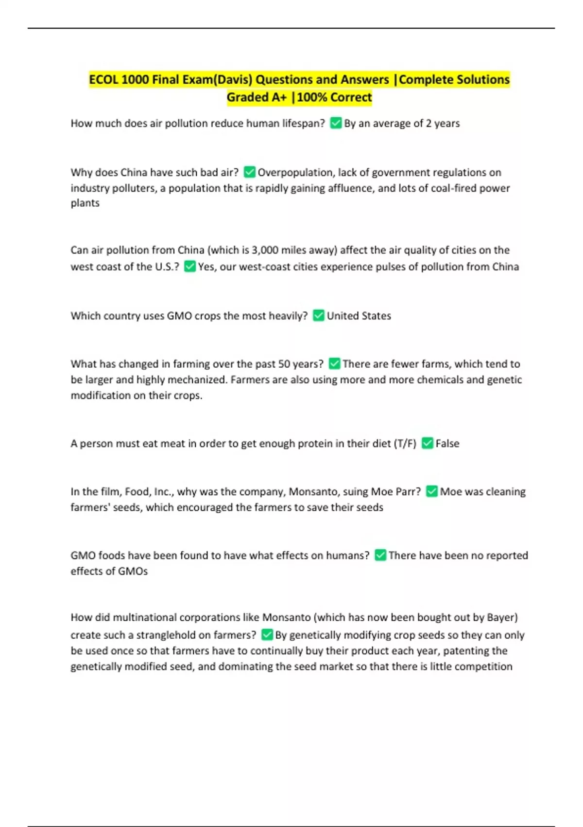 ECOL 1000 Final Exam(Davis) Questions and Answers |Complete Solutions ...