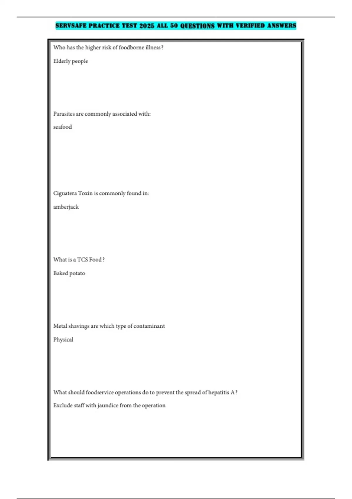 SERVSAFE PRACTICE TEST 2025 ALL 50 QUESTIONS WITH VERIFIED ANSWERS ...