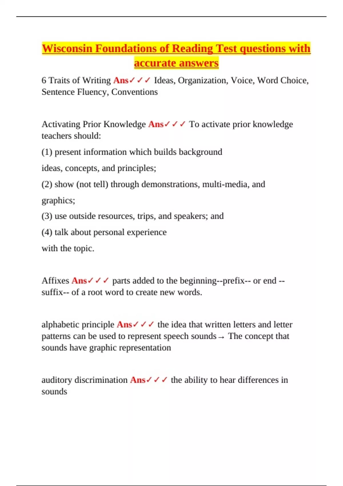 Wisconsin Foundations of Reading Test – Full Terminology and Strategies ...