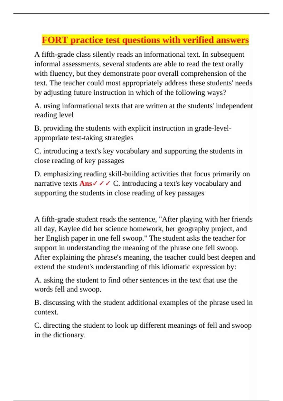 FORT Practice Test – Verified Questions and Answers for Wisconsin ...