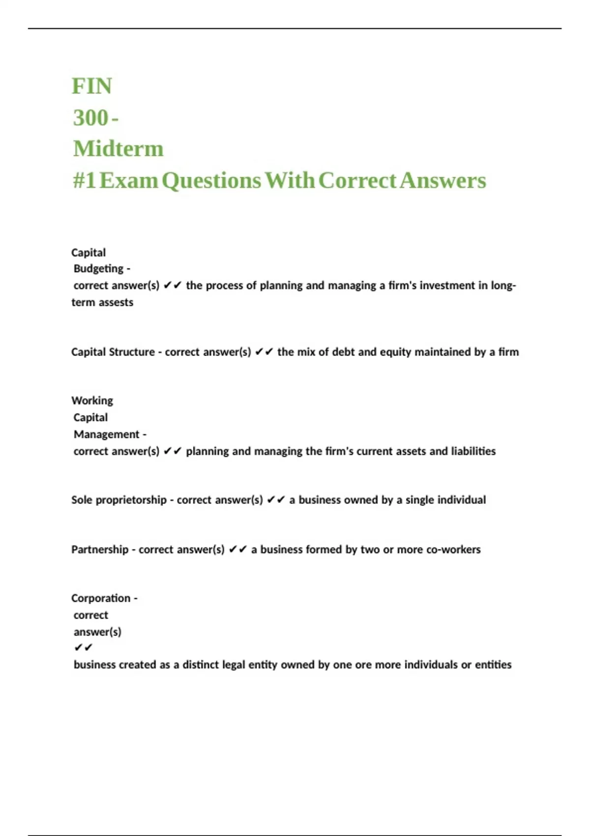 FIN 300 - Midterm -1 Exam Questions With Correct Answers - FIN 300 - Stuvia US
