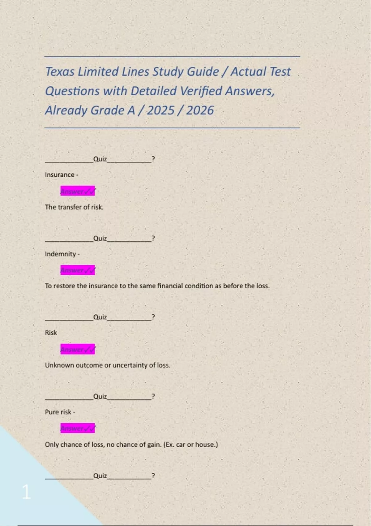 Texas Limited Lines Study Guide / Actual Test Questions with Detailed ...