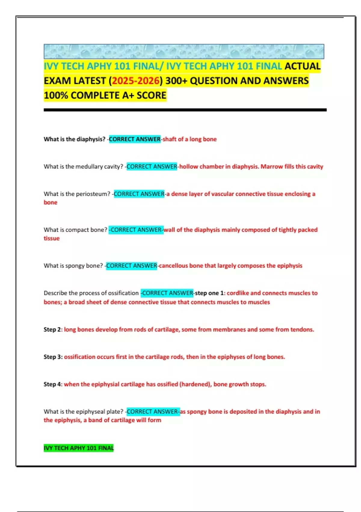 IVY TECH APHY 101 Final Exam – Actual 2025–2026 Questions and Answers ...