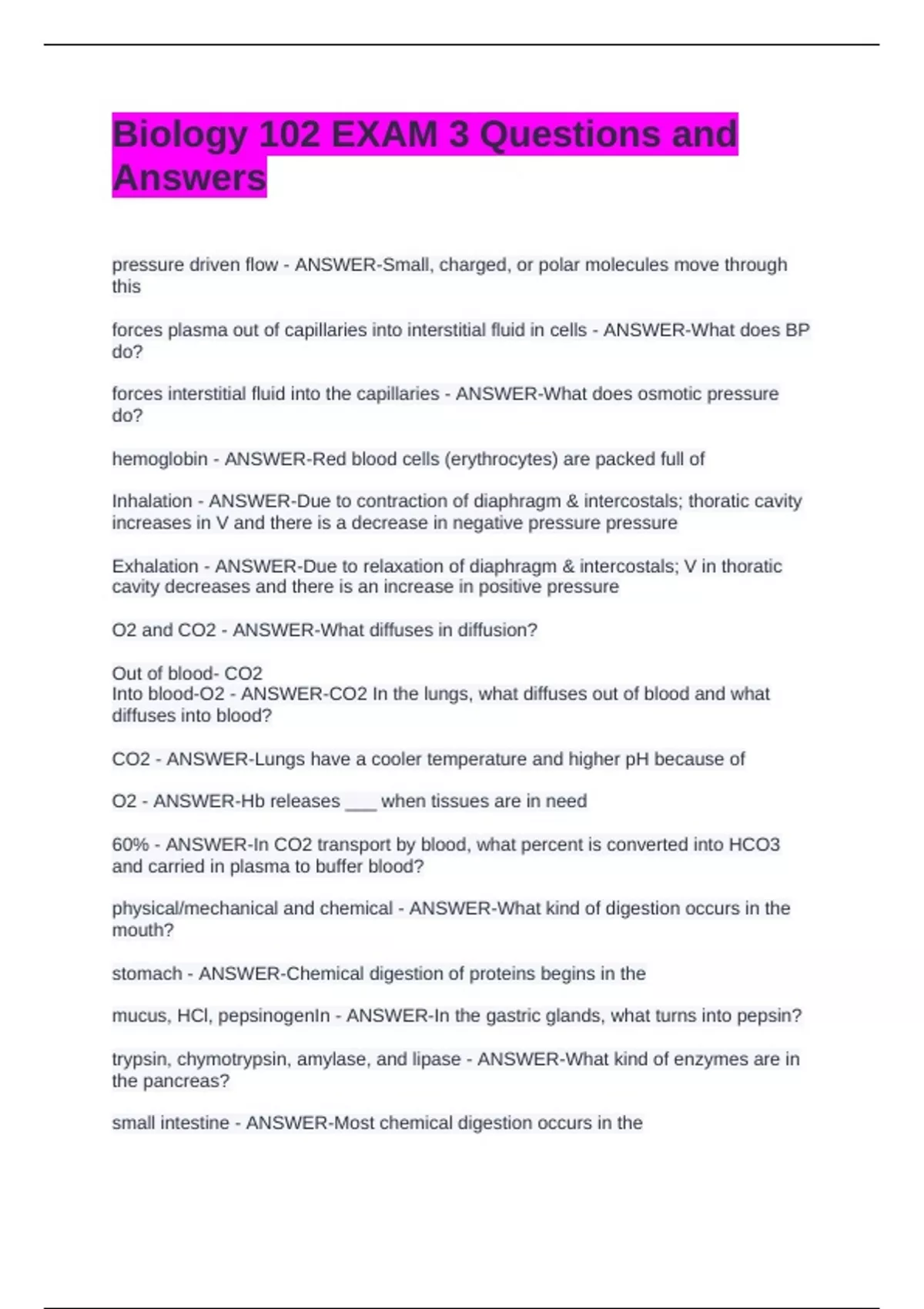 Biology 102 EXAM 3 Questions and Answers - Biology 102 - Stuvia US