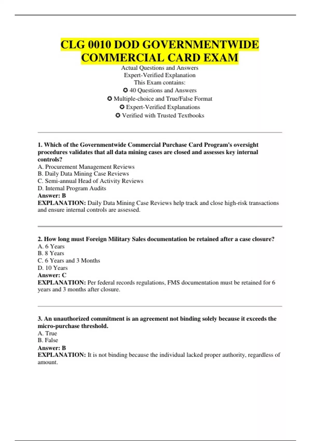 CLG 0010 DOD GOVERNMENTWIDE COMMERCIAL CARD EXAM - CLG 0010 - Stuvia US